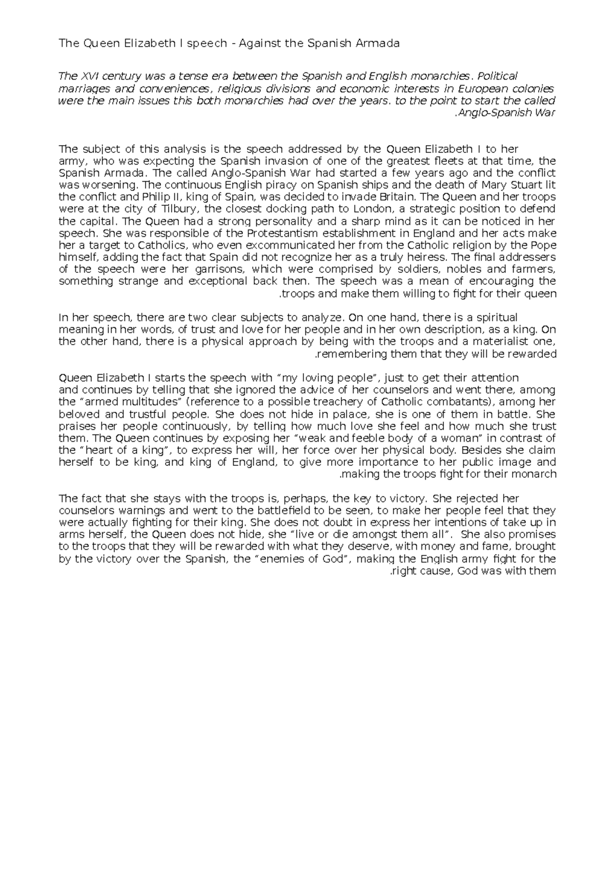 (text analysis) Against the Spanish Armada - The Queen Elizabeth I ...
