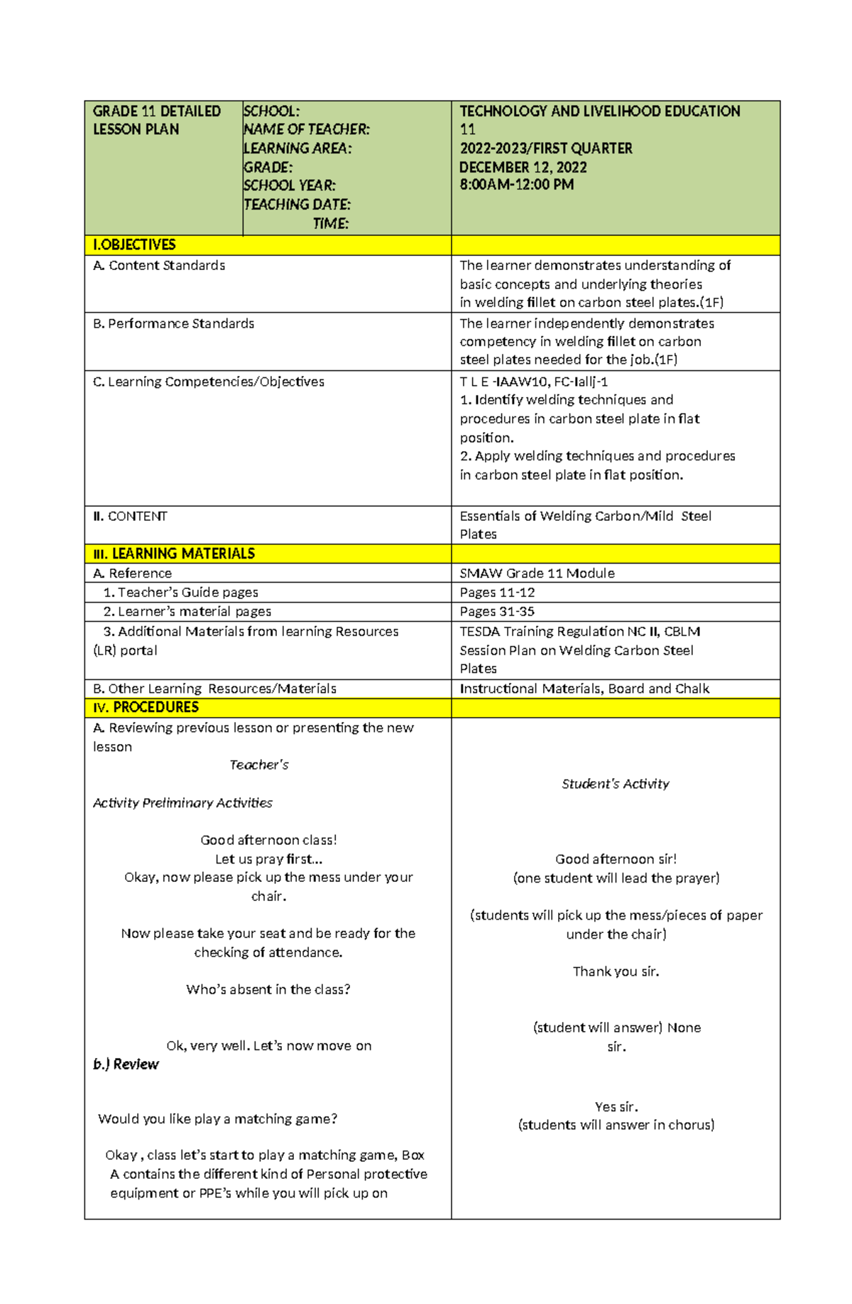 SHS TLE - SHS MATERIALS - GRADE 11 DETAILED LESSON PLAN SCHOOL: NAME OF ...