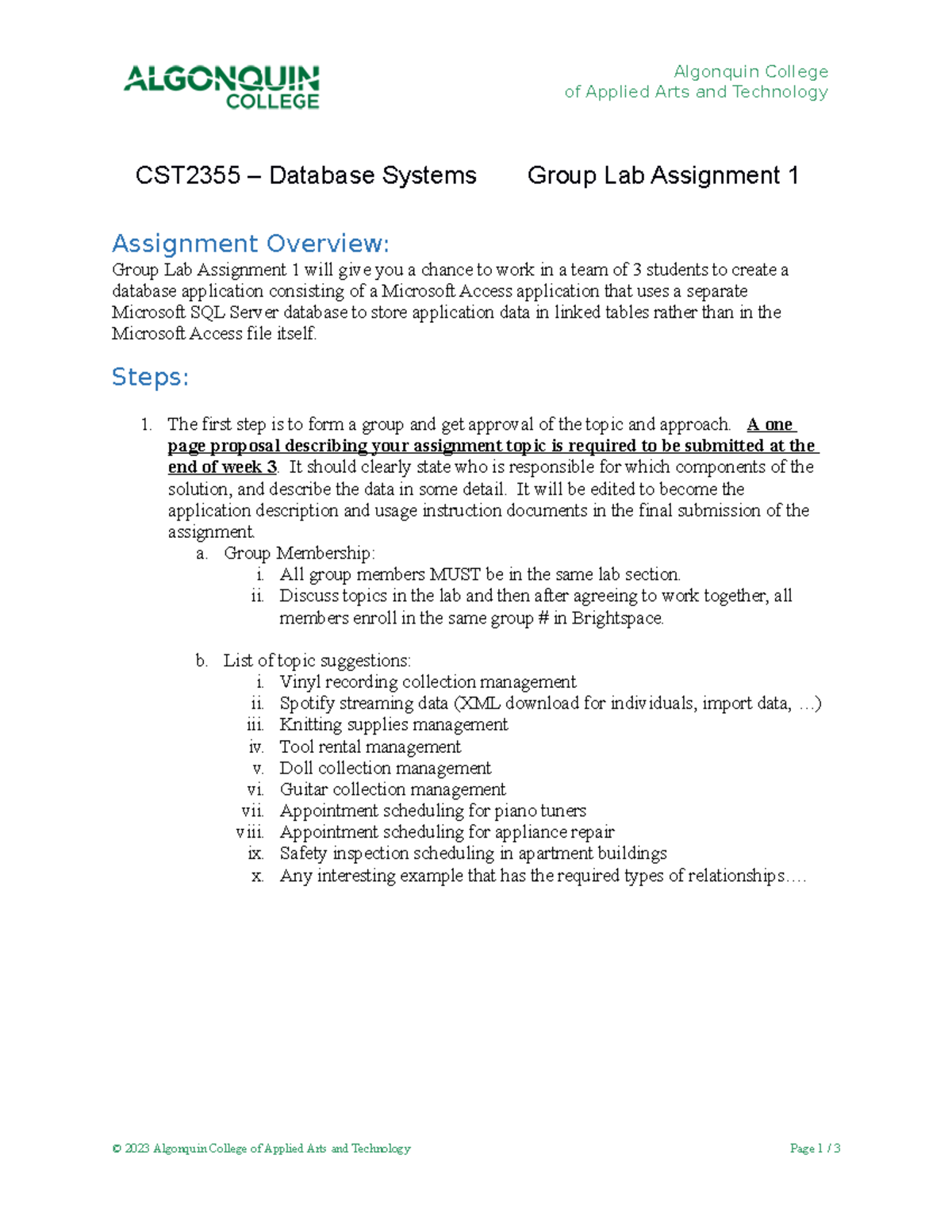 CST2355-Group 01-Fall2023 - CST2355 – Database Systems Group Lab Assignment 1 Assignment ...