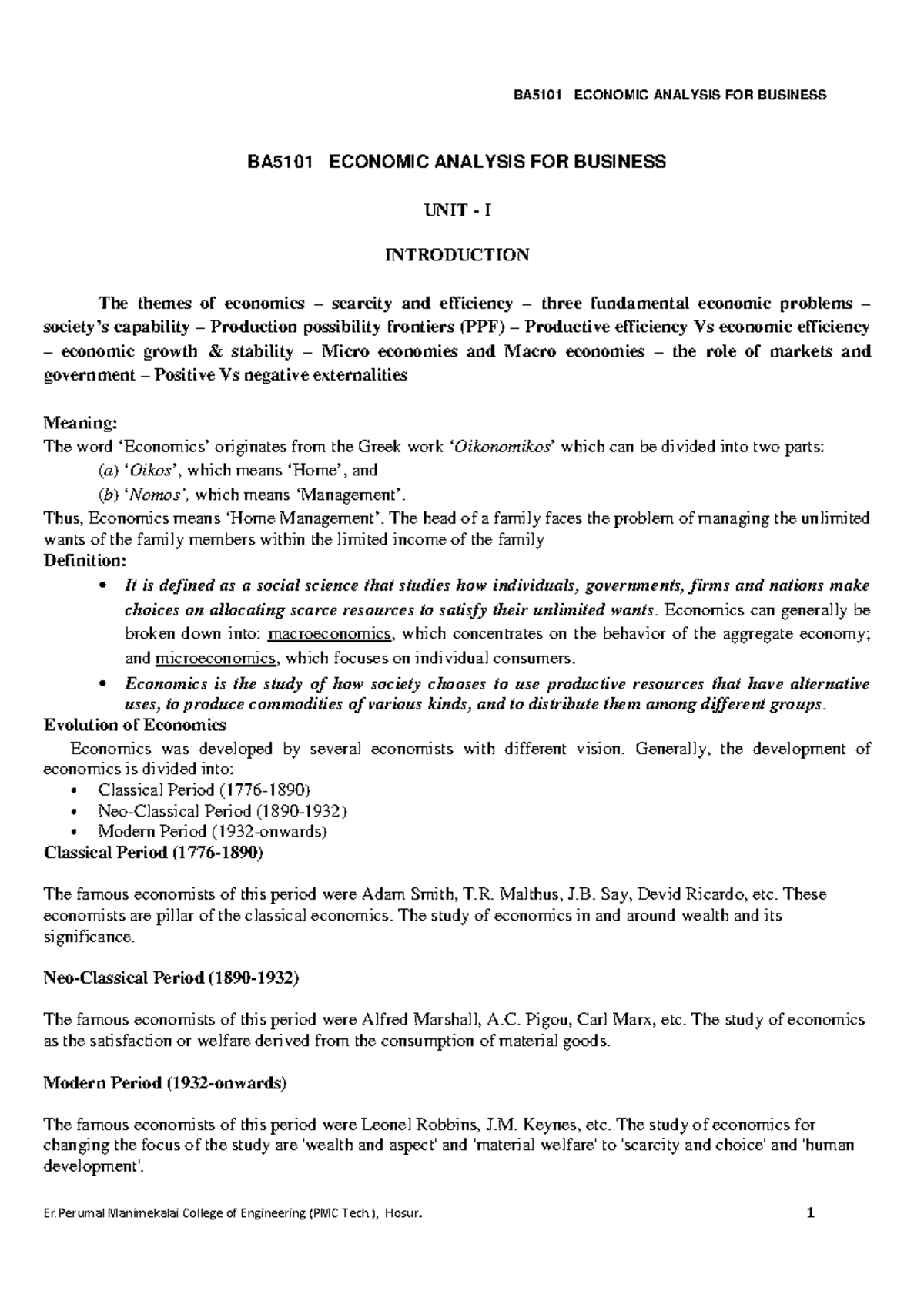 Managerial Economics Unit 1-5 - BA5101 ECONOMIC ANALYSIS FOR BUSINESS ...