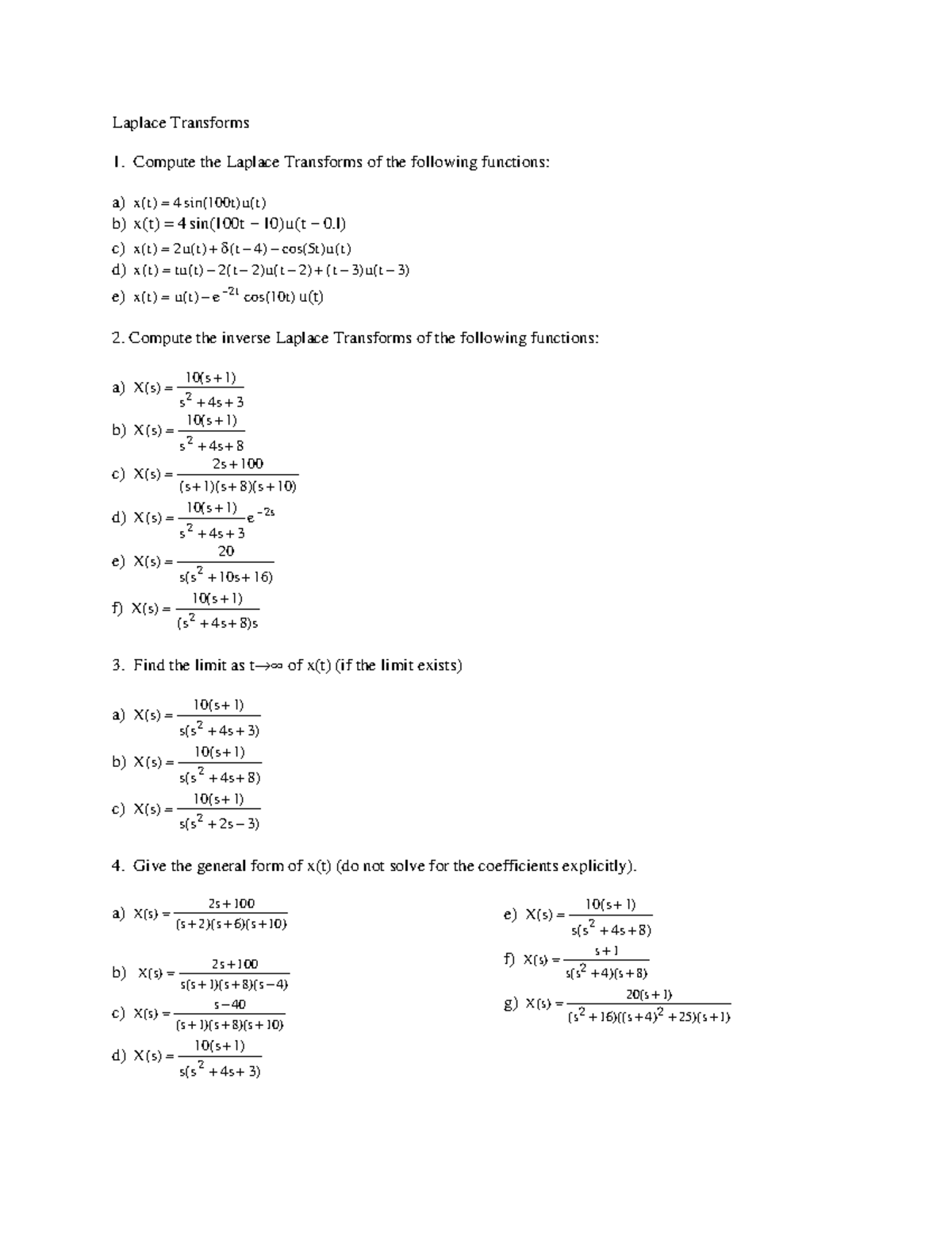 Chap8 Laplace - Laplace Transforms 1. Compute the Laplace Transforms of ...