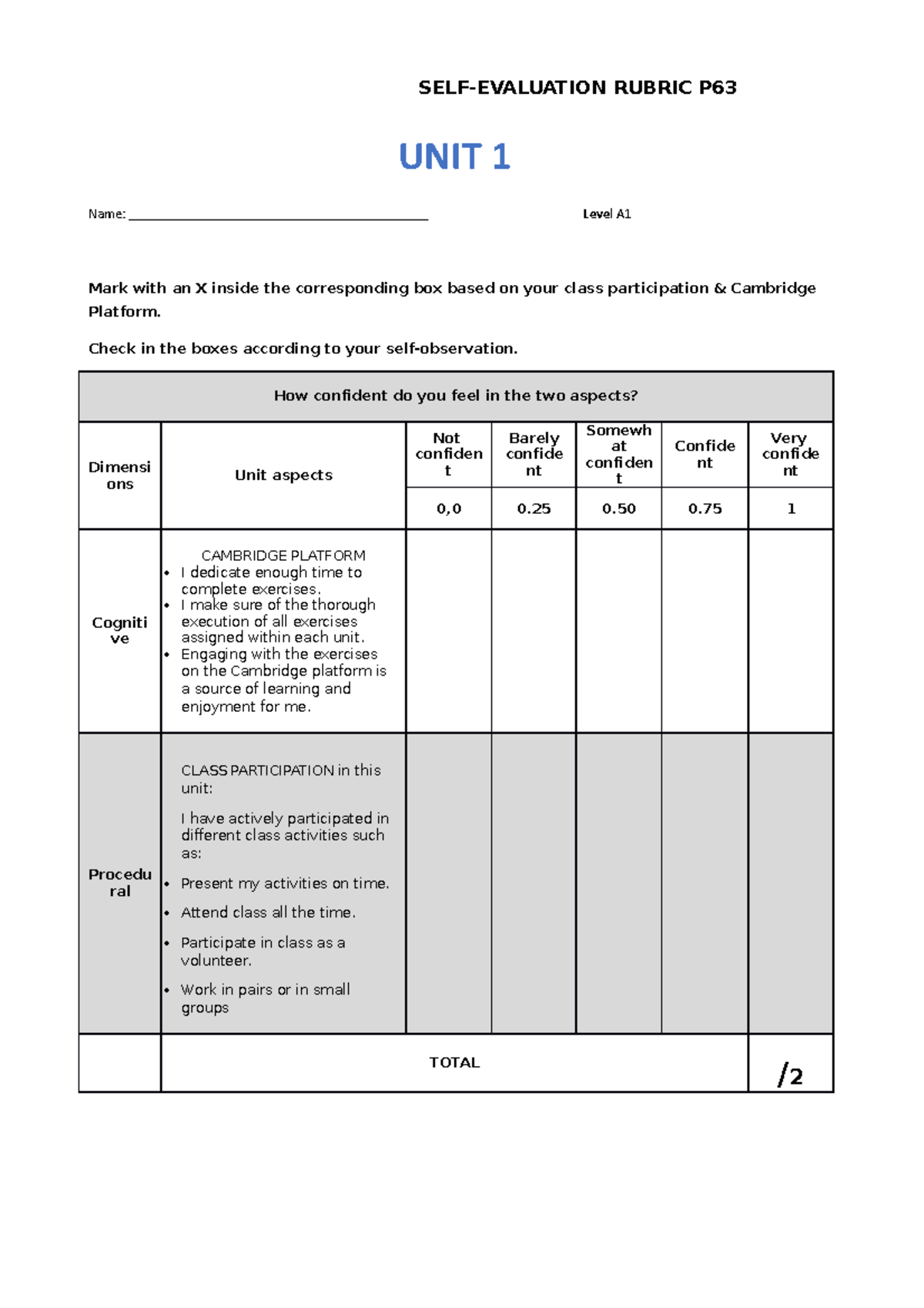 SELF- Evaluation P63 JC - SELF-EVALUATION RUBRIC P Name
