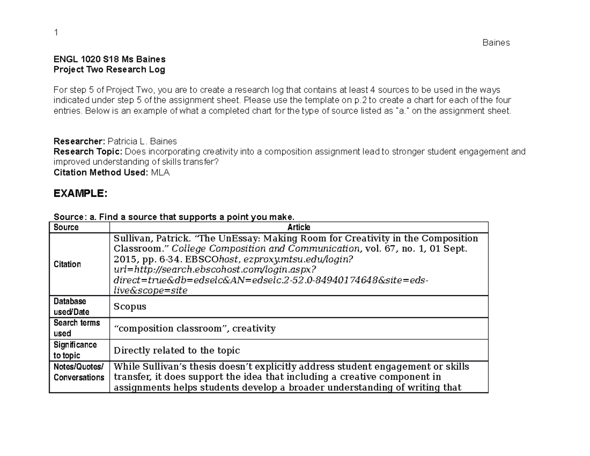 Research Log Template - Part of Project 2 - 1 Baines ENGL 1020 S18 Ms ...