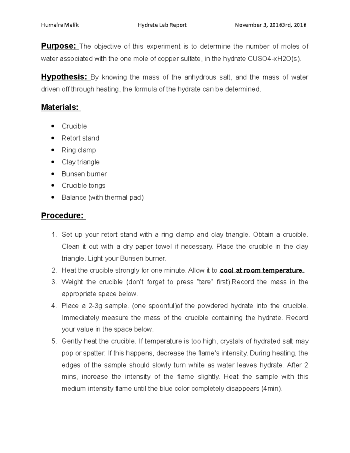 Hydrate lab report - Lecture notes 1 - Humaira Malik Hydrate Lab Report ...