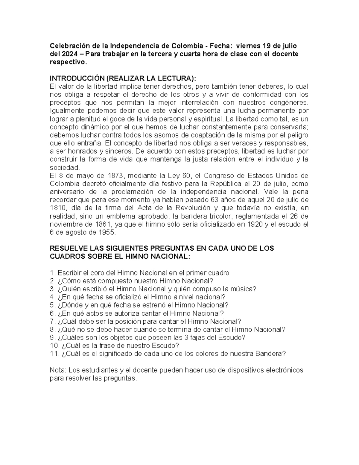 Celebración de la Independencia de Colombia 1 - INTRODUCCIÓN (REALIZAR ...