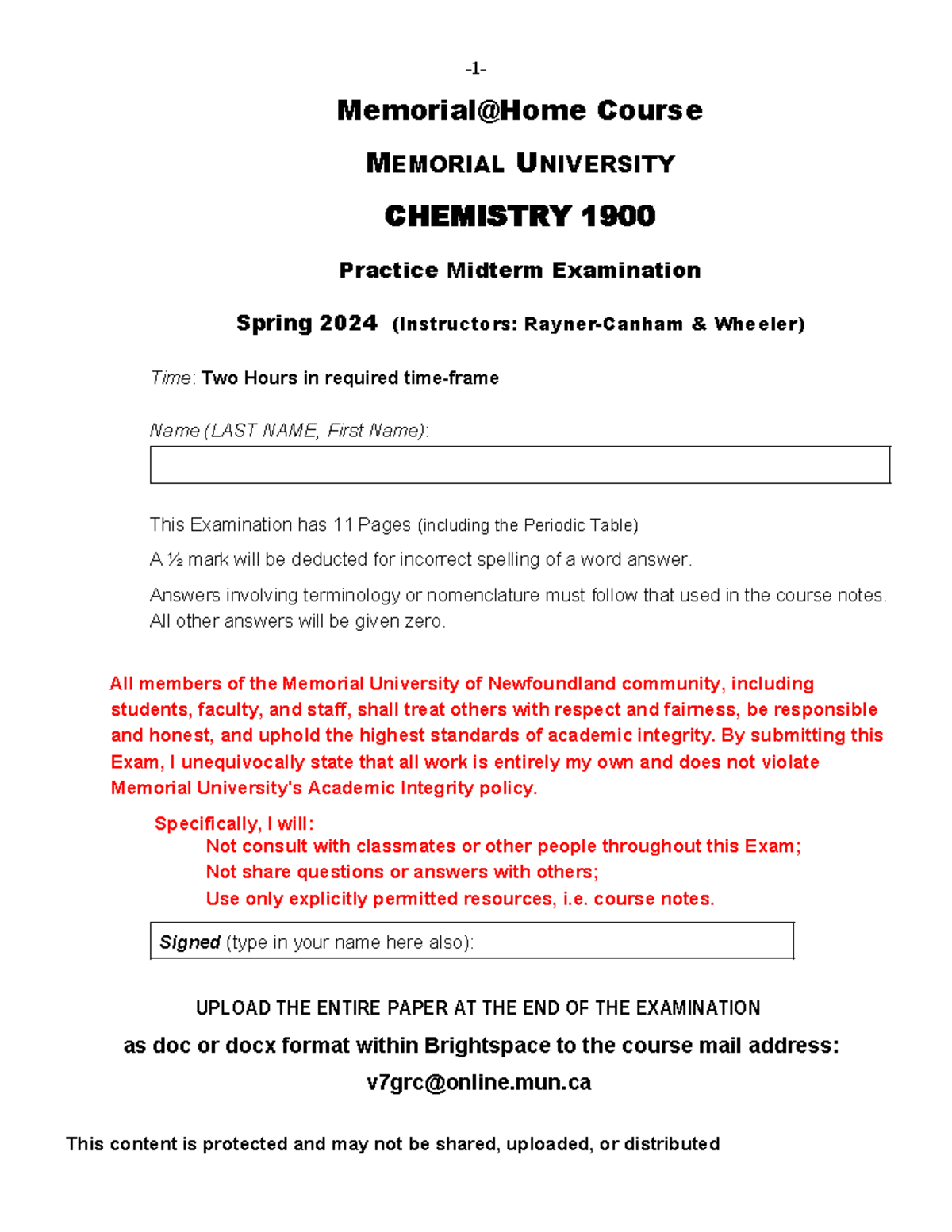 Midterm Practice Exam Chem 1900Spr2024 - Memorial@Home Course MEMORIAL ...