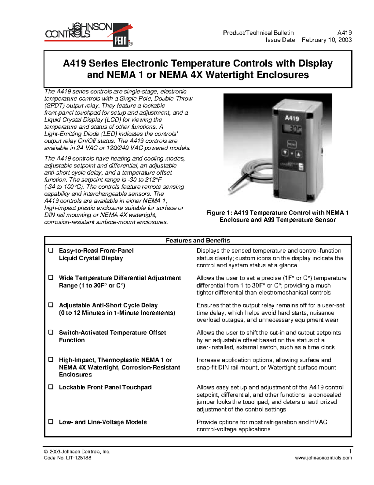 Johnson controls A419 temperature - Product/Technical Bulletin A Issue ...
