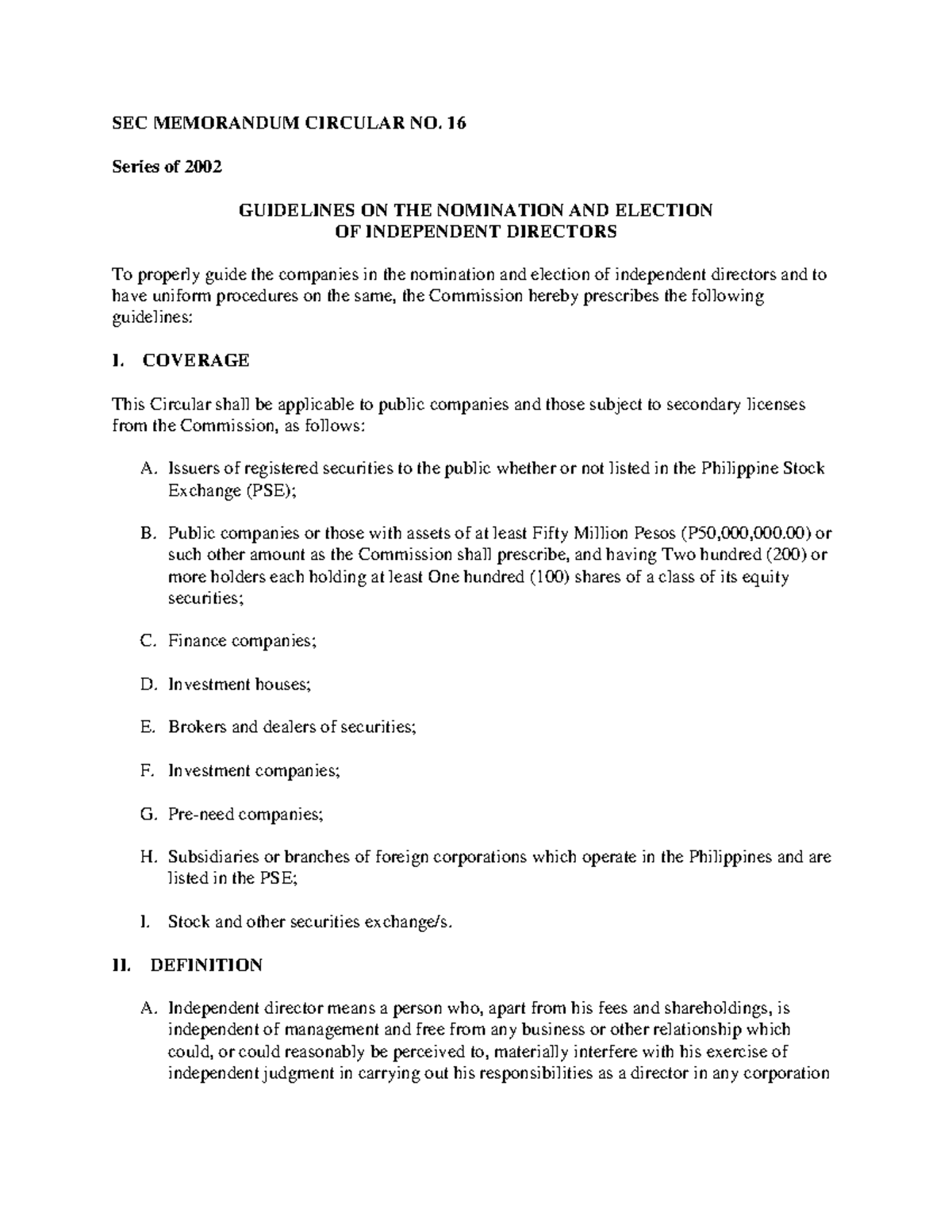 Election of BOD - SEC MEMORANDUM CIRCULAR NO. 16 Series of 2002 ...