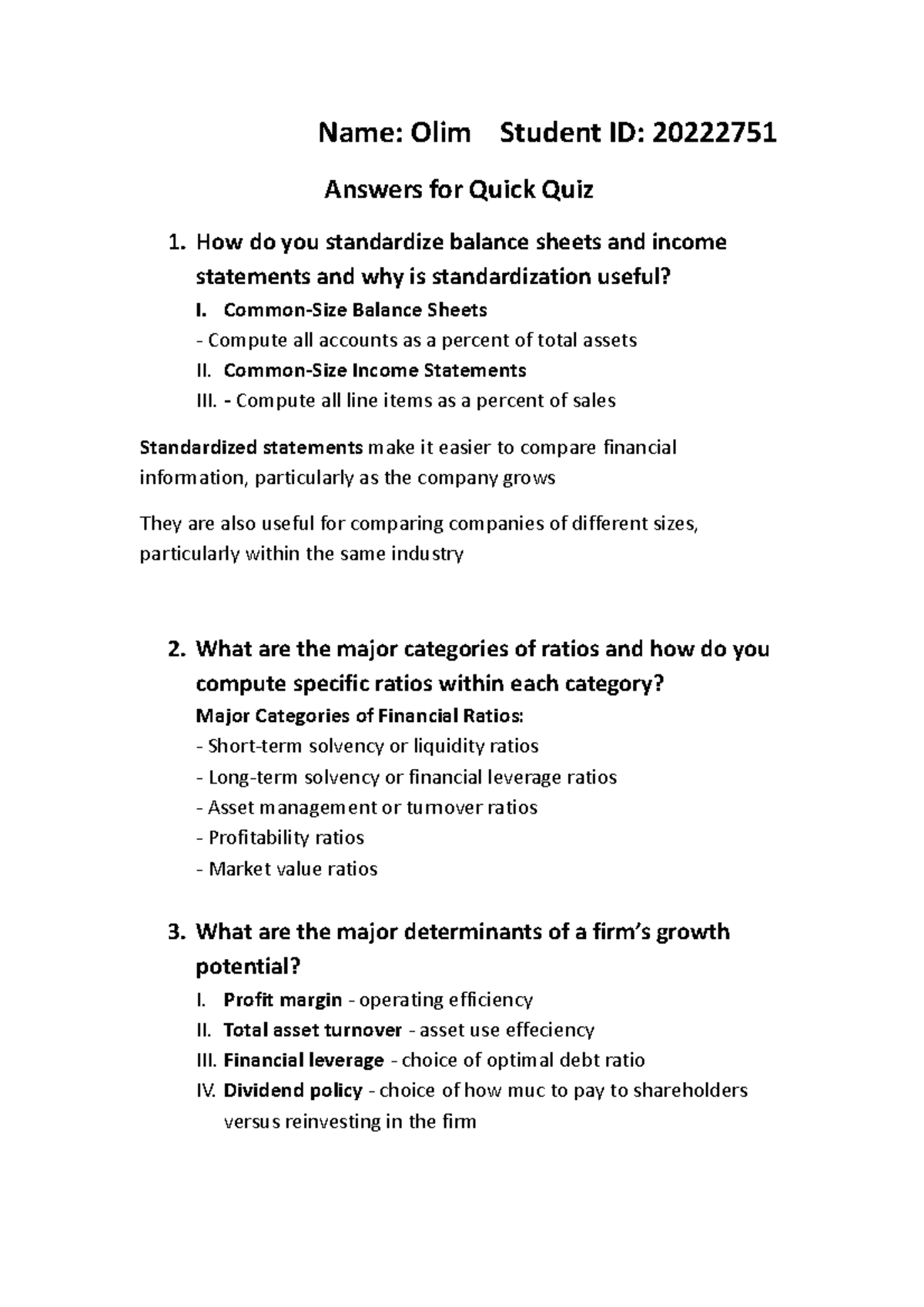 Answer Quick Quiz - Name: Olim Student ID: 20222751 Answers for Quick ...