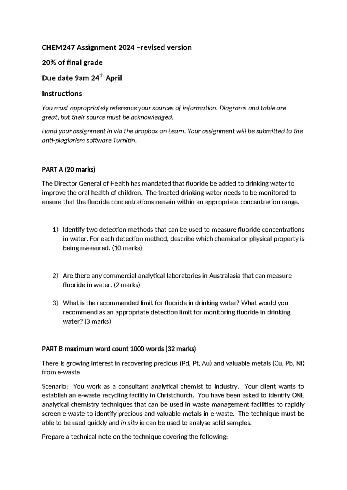 CHEM247 Assignment 2024 final - CHEM247 Assignment 2024 –revised ...