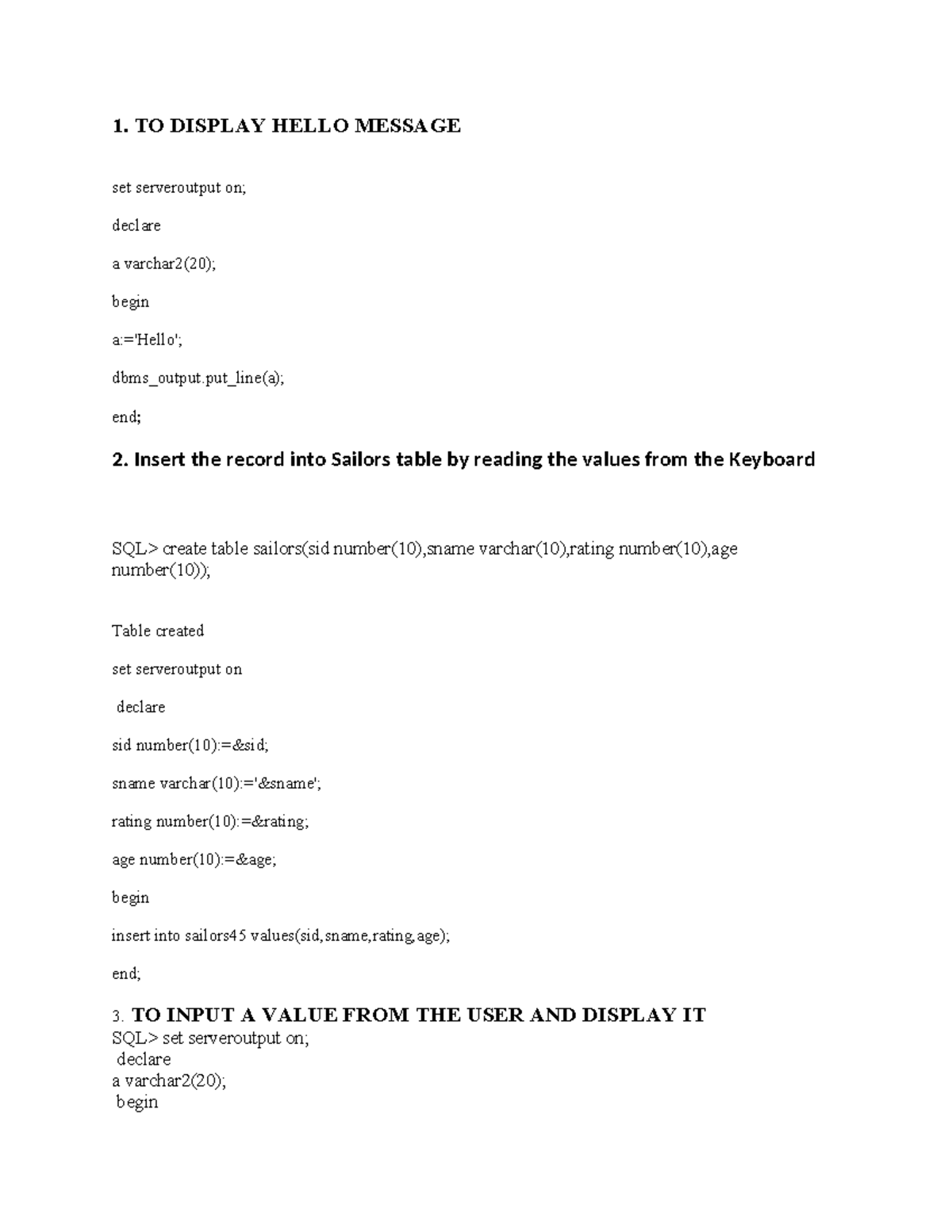 4 Lab Pgms 1 To Display Hello Message Set Serveroutput On Declare A Varchar220 Begin