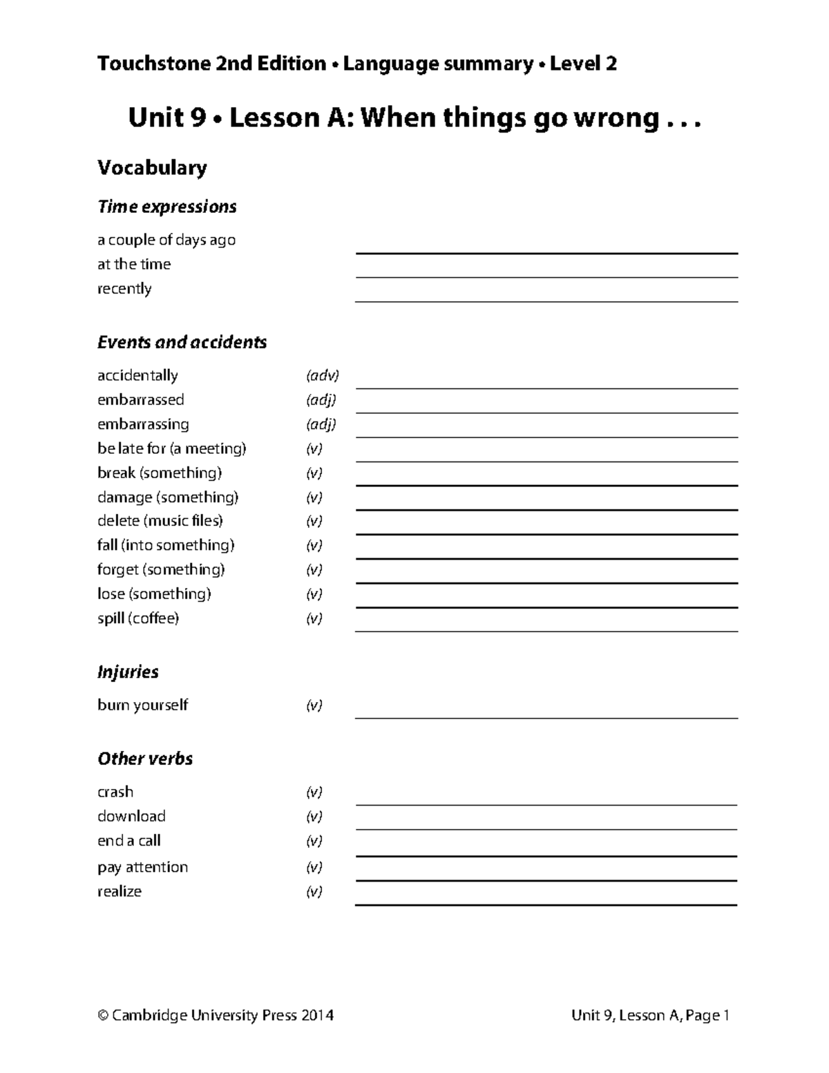 TS2e L2 U9 LA Langsum - Touchstone 2nd Edition • Language summary • Level 2 Unit 9 • Lesson A ...