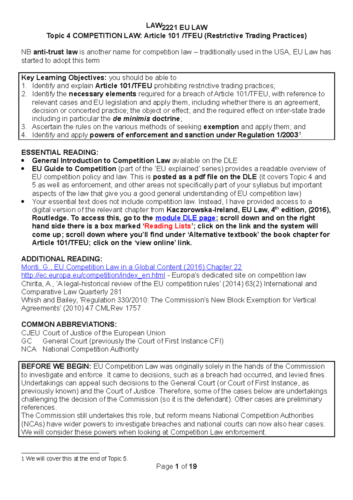 Lecture Outline Competition Law - Article 101 TFEU restrictive trading practices - LAW2221 EU ...