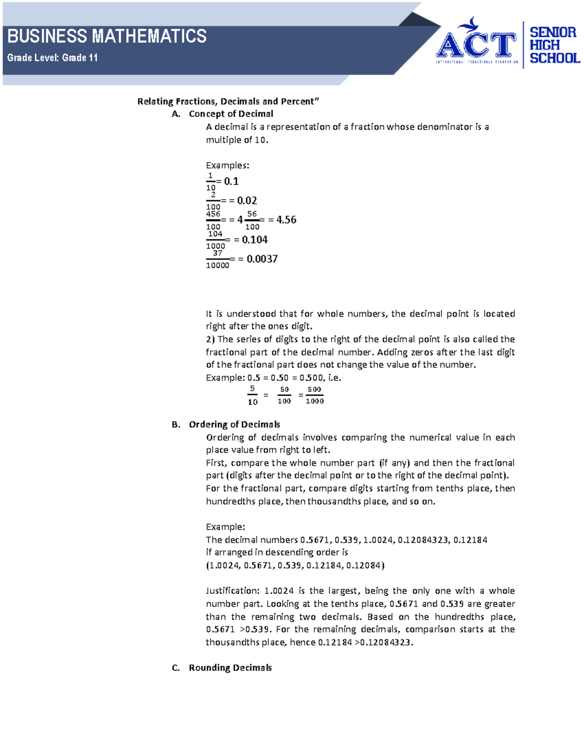 Business MATH notes 2 - Grade Level: Grade 11 Relating Fractions ...