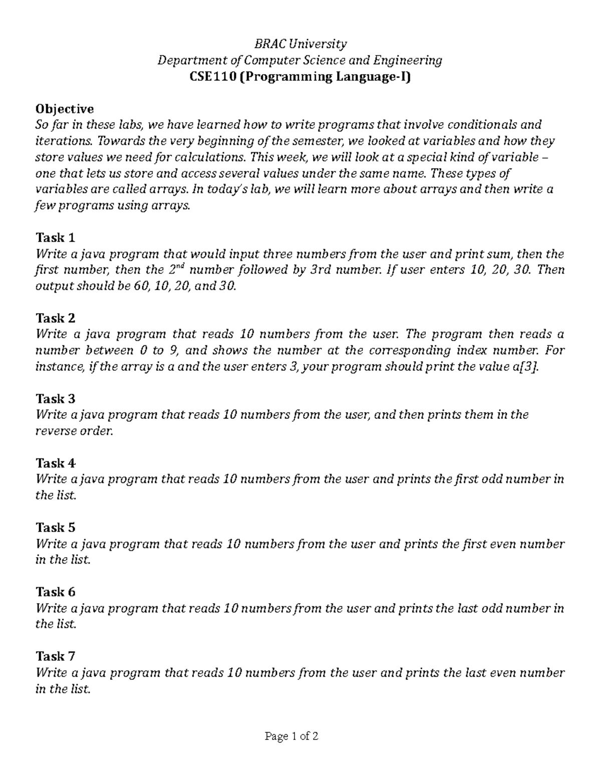 Lab8v12 (Array Lab 1) - BRAC University Department of Computer Science and Engineering CSE110 ...