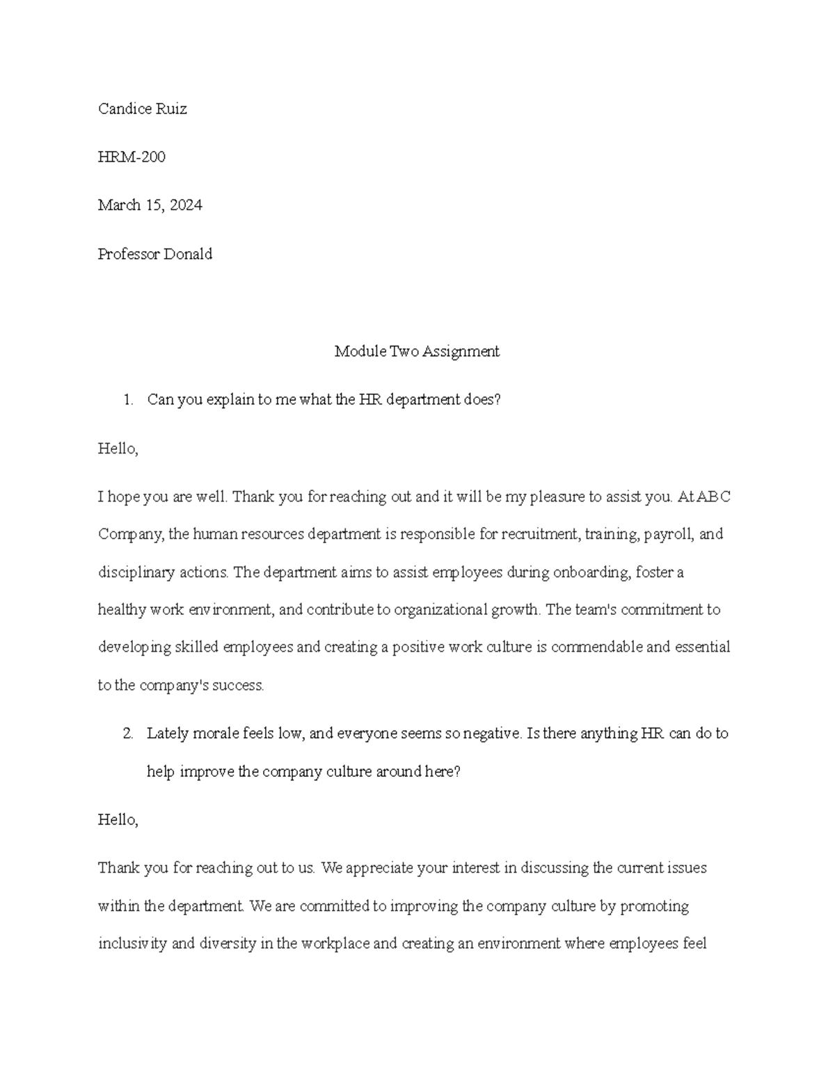 2 2 Assignment HR Inbox - Candice Ruiz HRM- March 15, 2024 Professor Donald Module Two ...