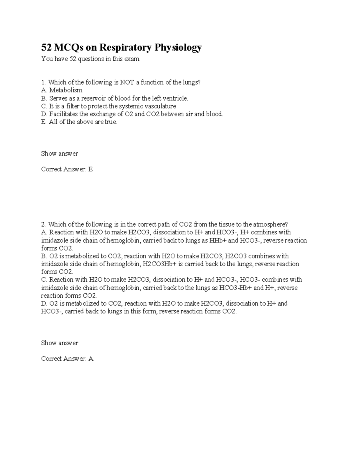 52 MCQs on Respiratory Physiology - 52 MCQs on Respiratory Physiology ...