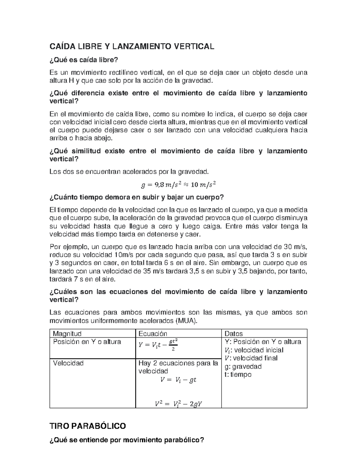 Caída Libre , Lanzamiento Vertical Y TIRO Parabólico - CAÍDA LIBRE Y LANZAMIENTO VERTICAL ¿Qué ...
