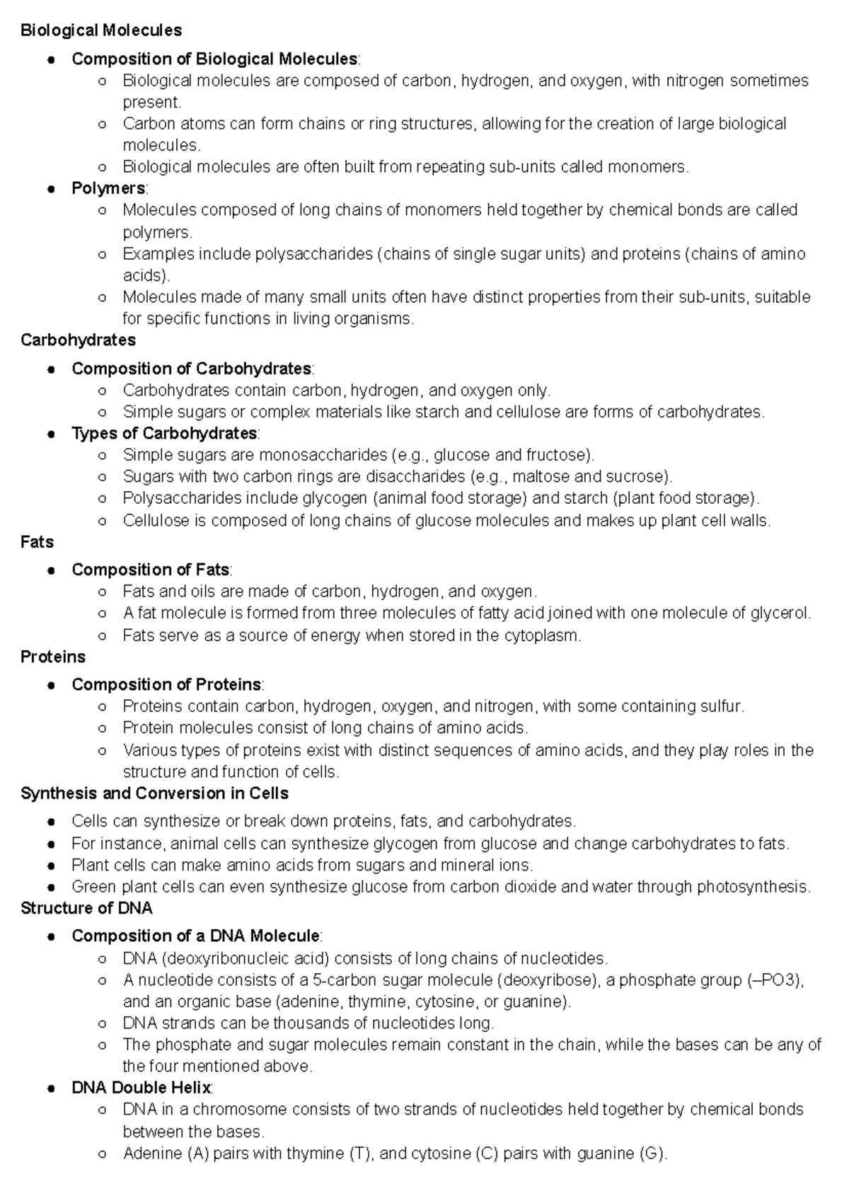 Biological Molecules - Google Docs - Biological Molecules Composition ...