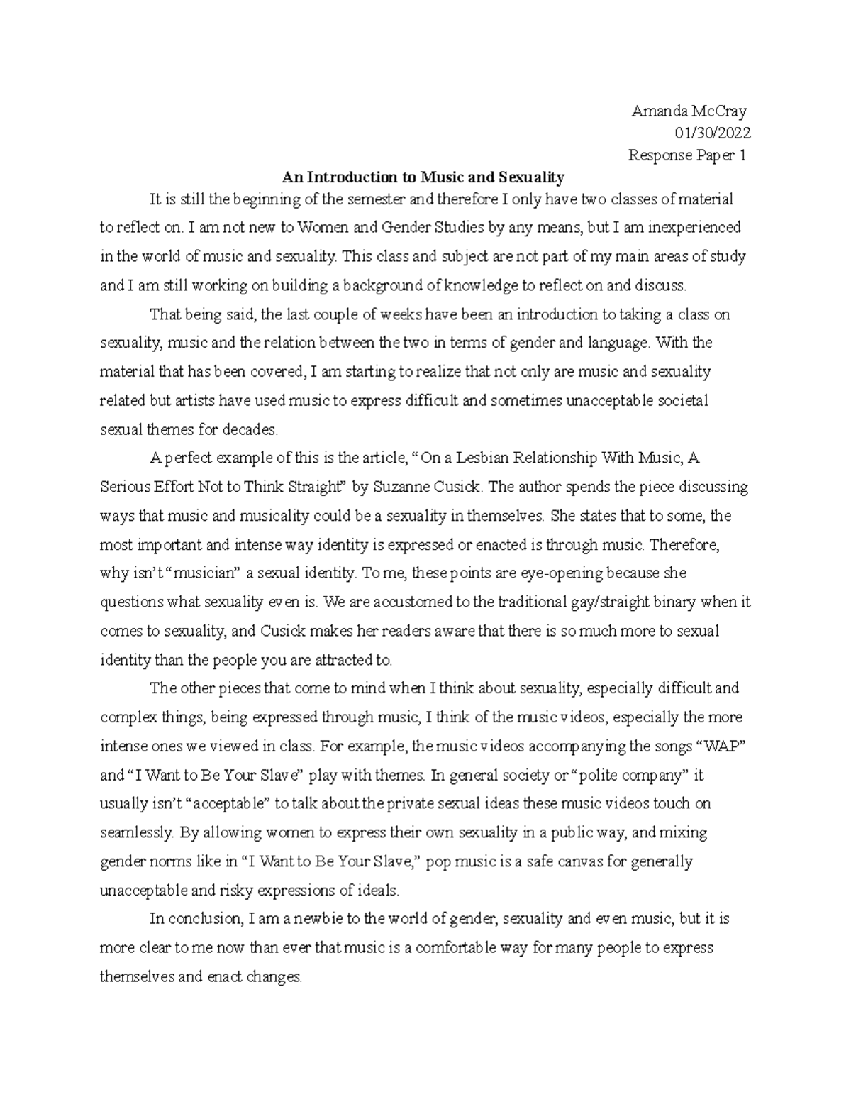 Response Paper 1 - Amanda McCray 01/30/ Response Paper 1 An ...