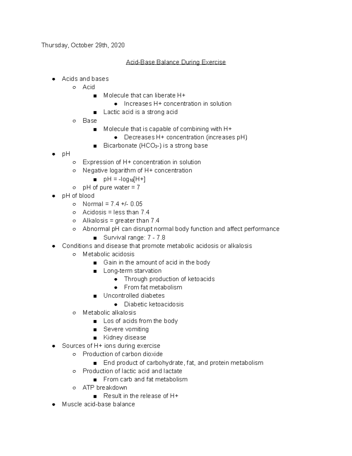 Ch.11 Acid-Base Balance During Exercise - Thursday, October 29th, 2020 ...