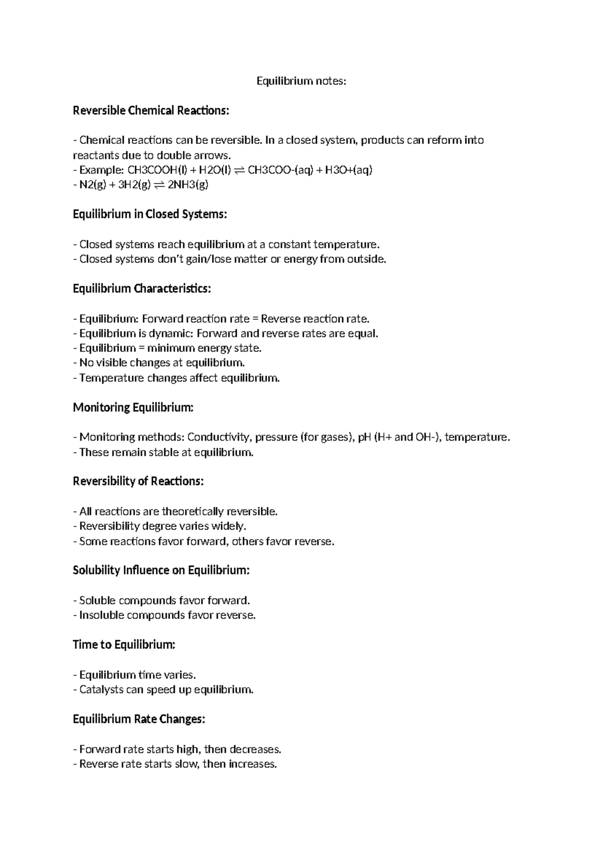 Equilibrium notes - Equilibrium notes: Reversible Chemical Reactions ...