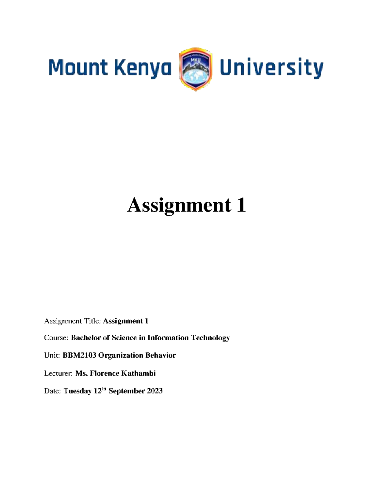 2023.09.12 BBM2103 Organization Behavior - Assignment 1 - Assignment 1 ...