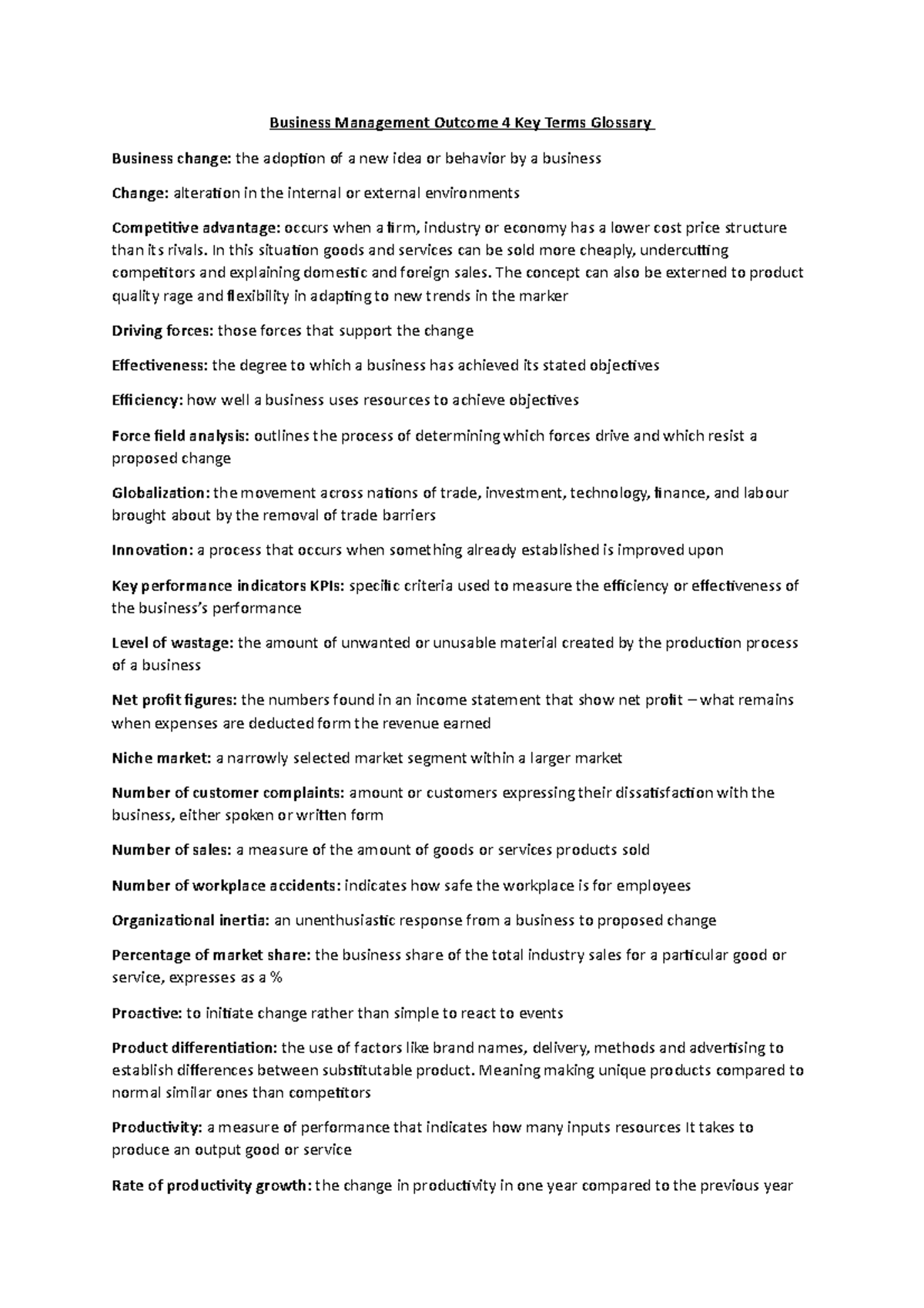 Business Management outcome 4 key terms glossary - Business Management ...
