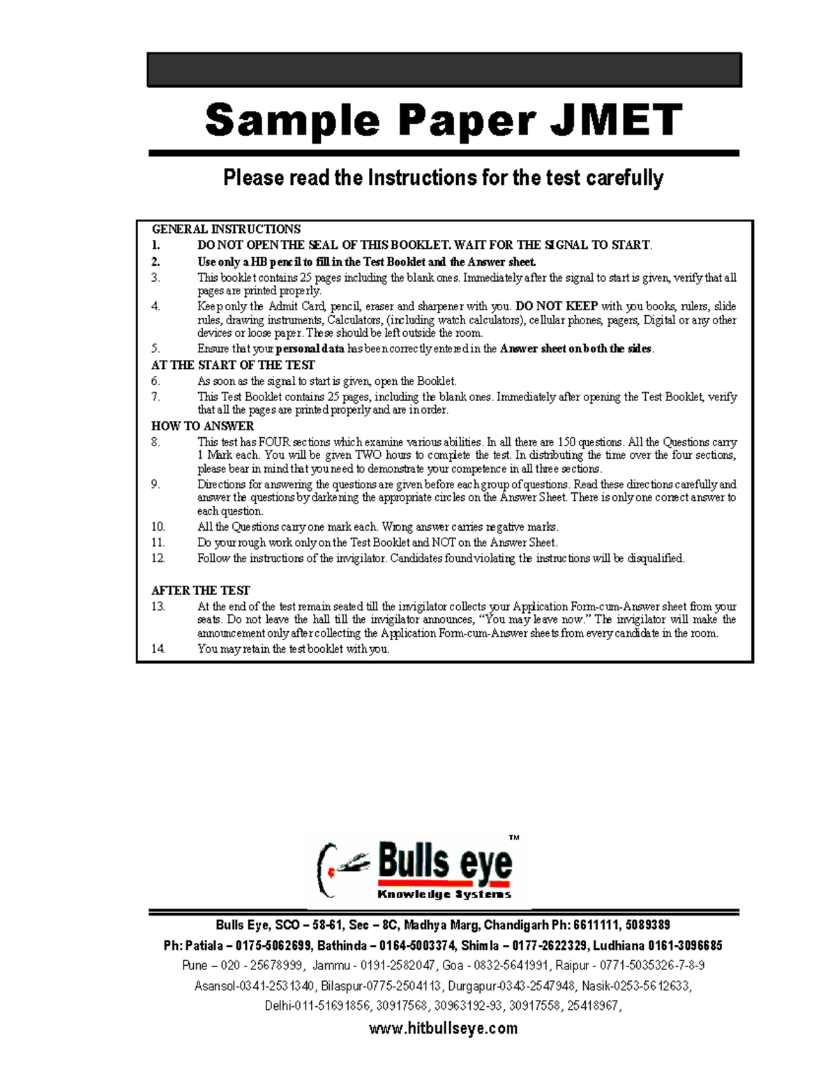JMET - Trial - Sample Paper JMET Please read the Instructions for the ...