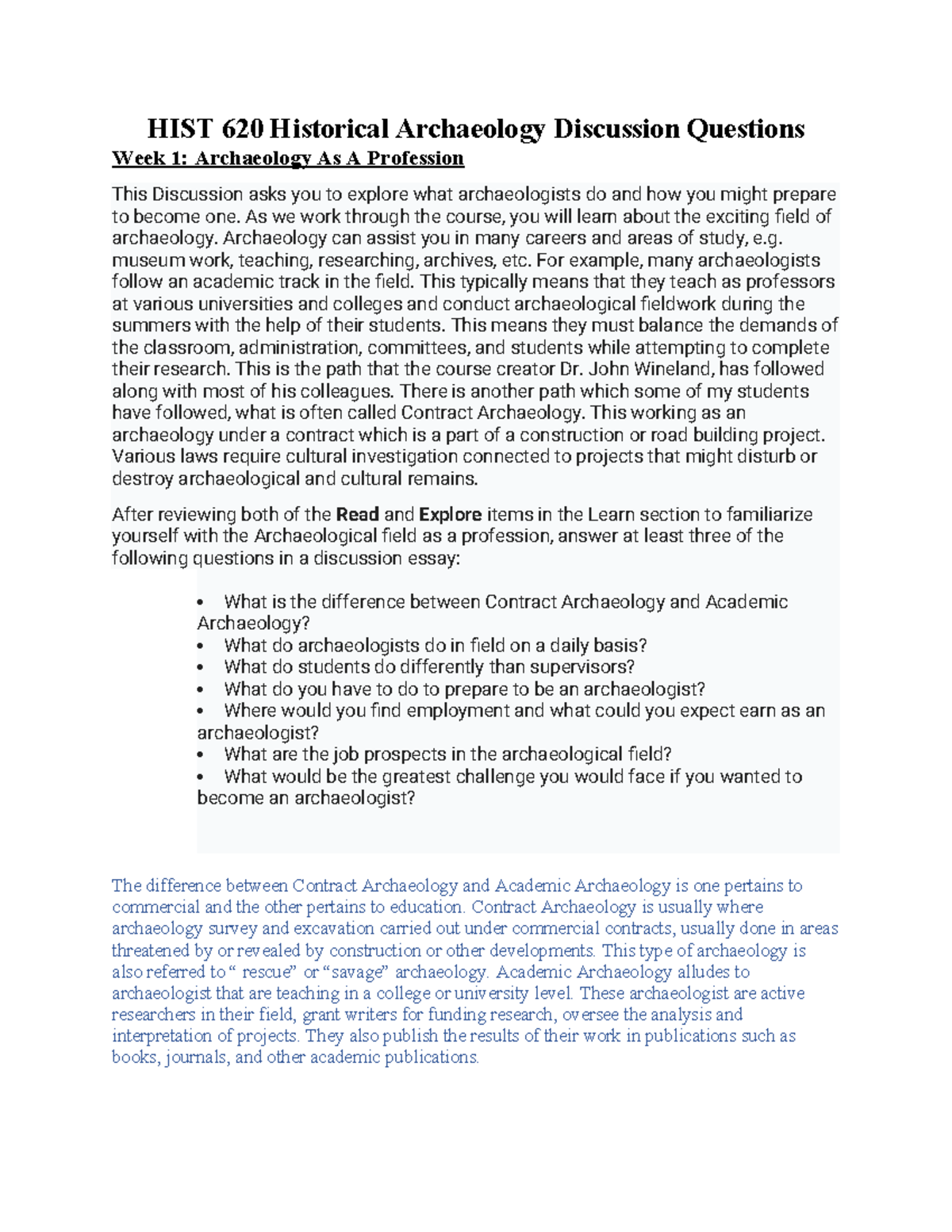 Discussion Question Answers - HIST 620 Historical Archaeology ...