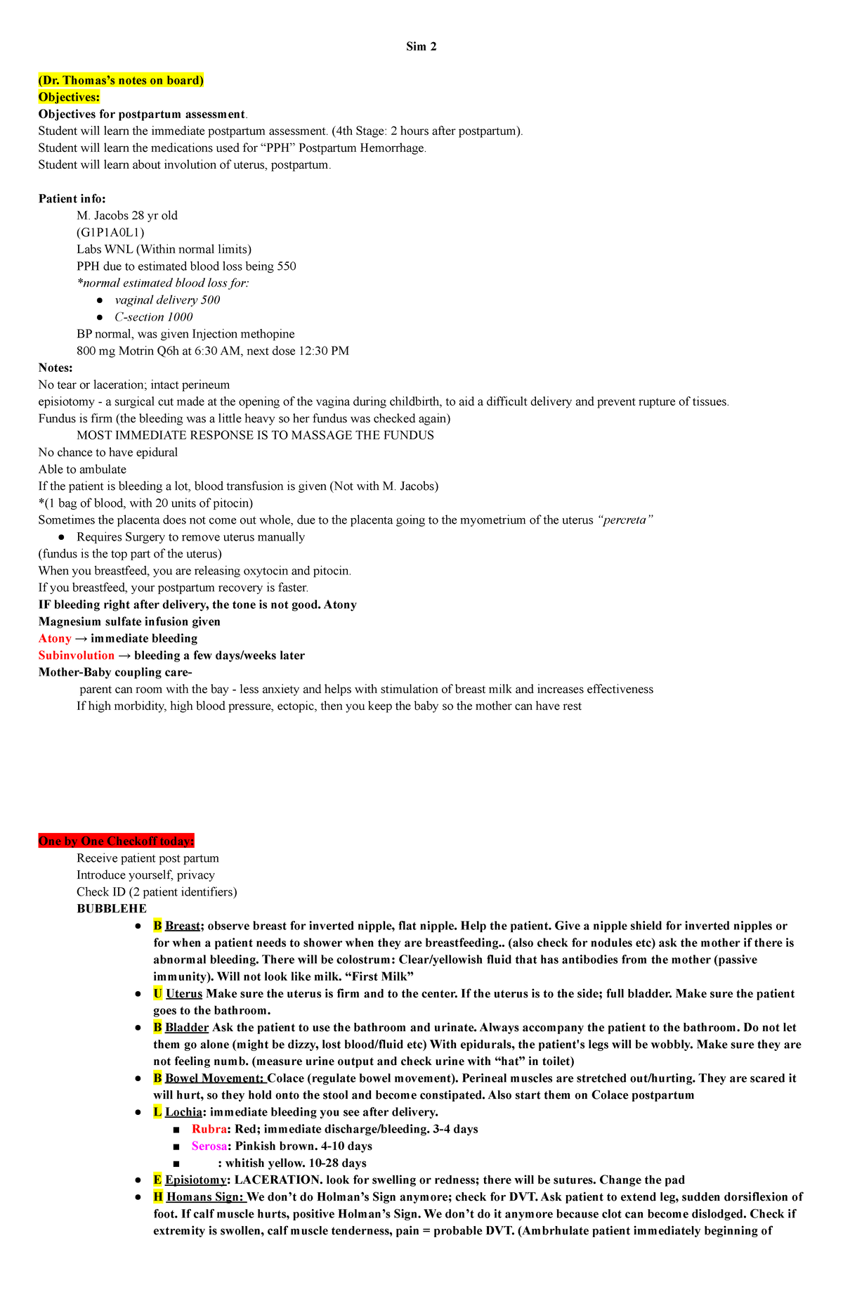OB Simulation two post partum third semester - Sim 2 (Dr. Thomas’s ...