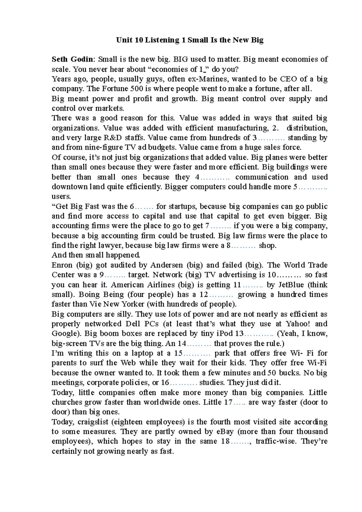 Unit 10 - filling the script - Unit 10 Listening 1 Small Is the New Big ...