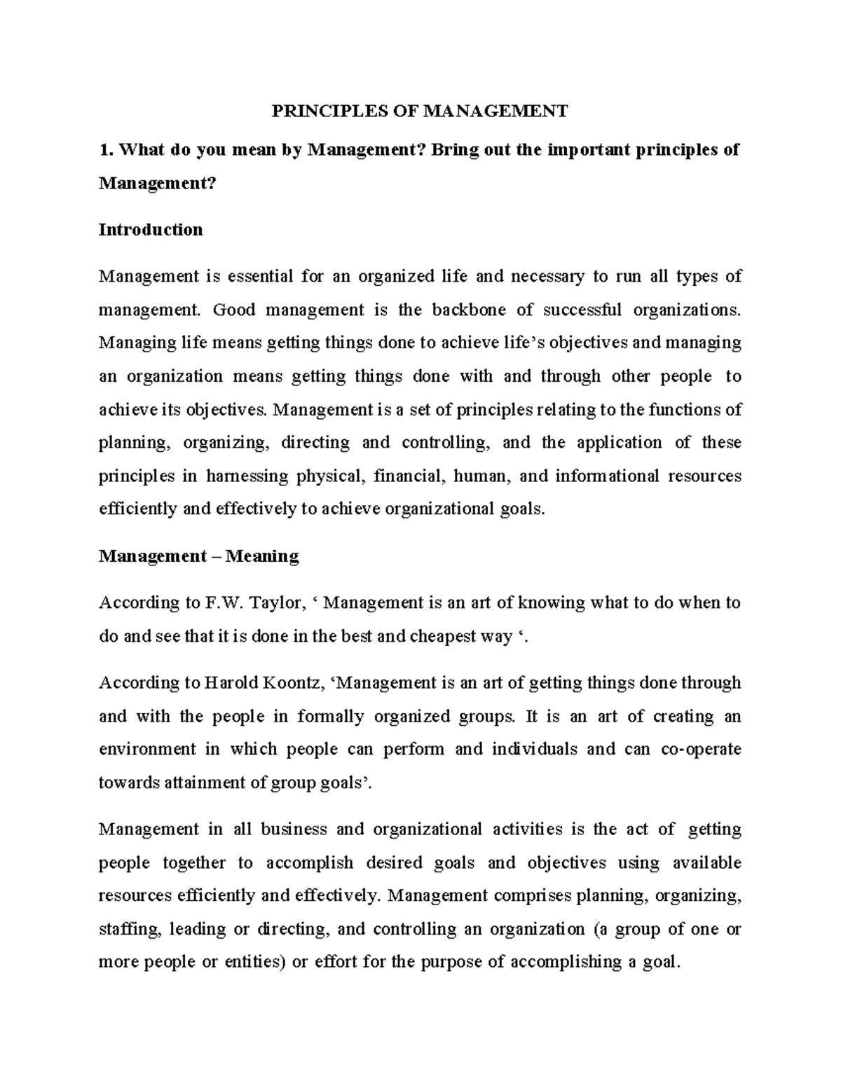 Principles of management notes - PRINCIPLES OF MANAGEMENT What do you ...