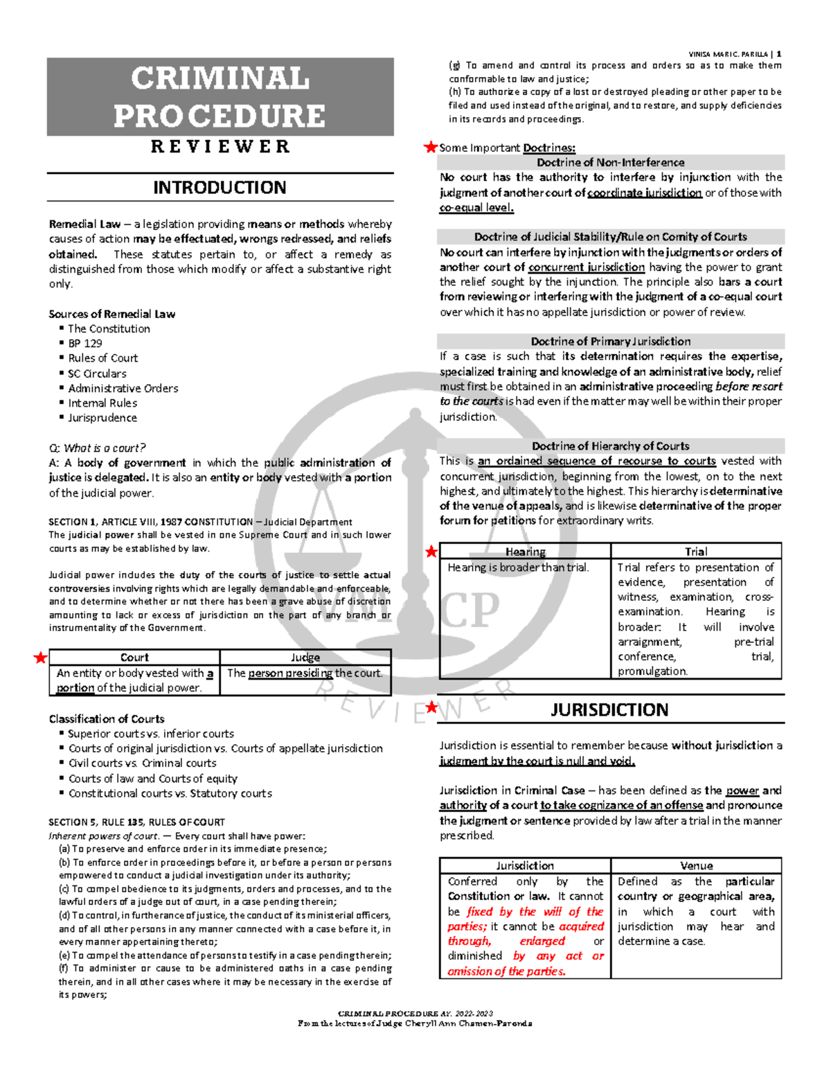 CRIM PRO Reviewer SY 2022 2023 under Judge Chamen Paronda Jurisdiction ...