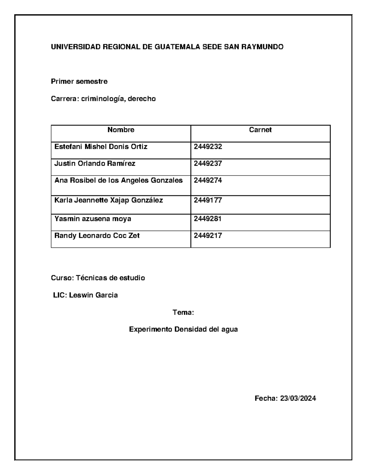 Experimento densidad del agua - UNIVERSIDAD REGIONAL DE GUATEMALA SEDE ...