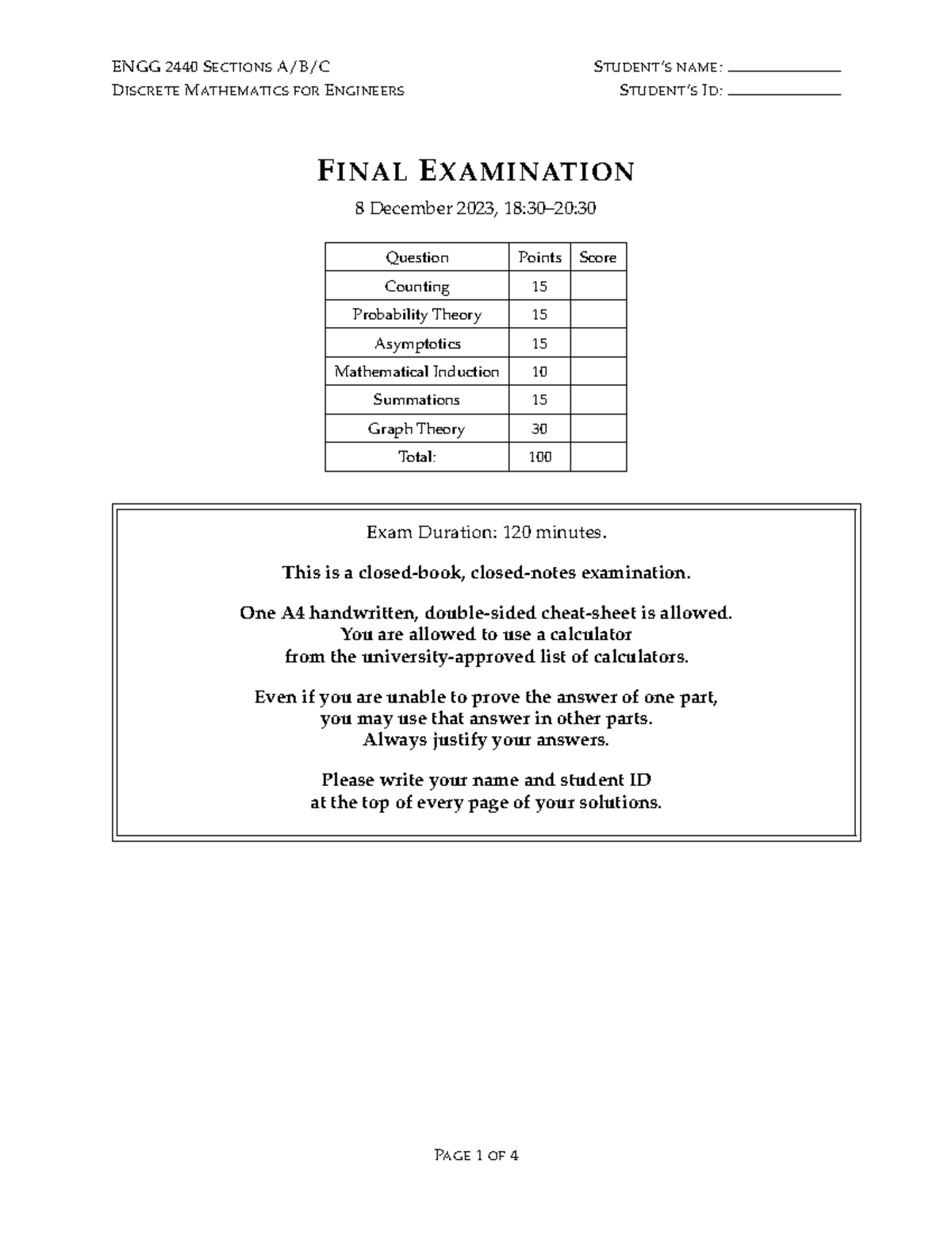 Engg2440 fall2023 final exam[ 38] - ENGG 2440 SECTIONS A/B/C DISCRETE ...