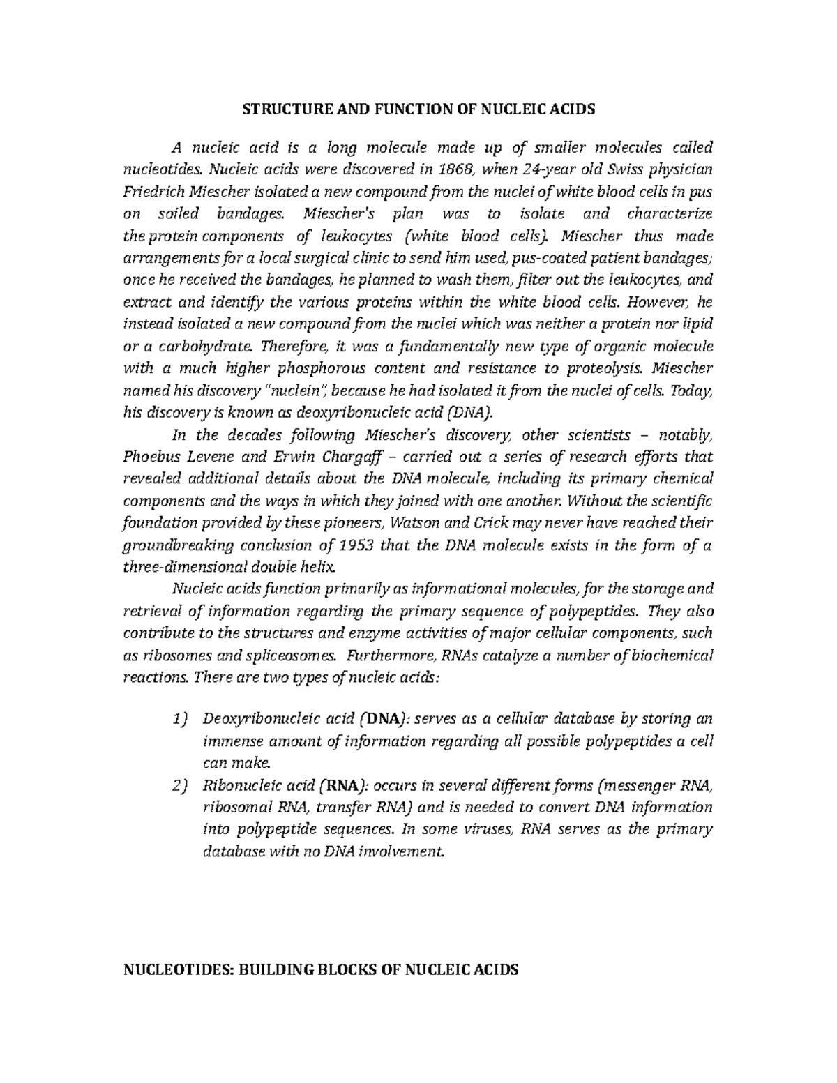 Structure And Functions Of Nucleic Acids Notes Structure And Function Of Nucleic Acids A