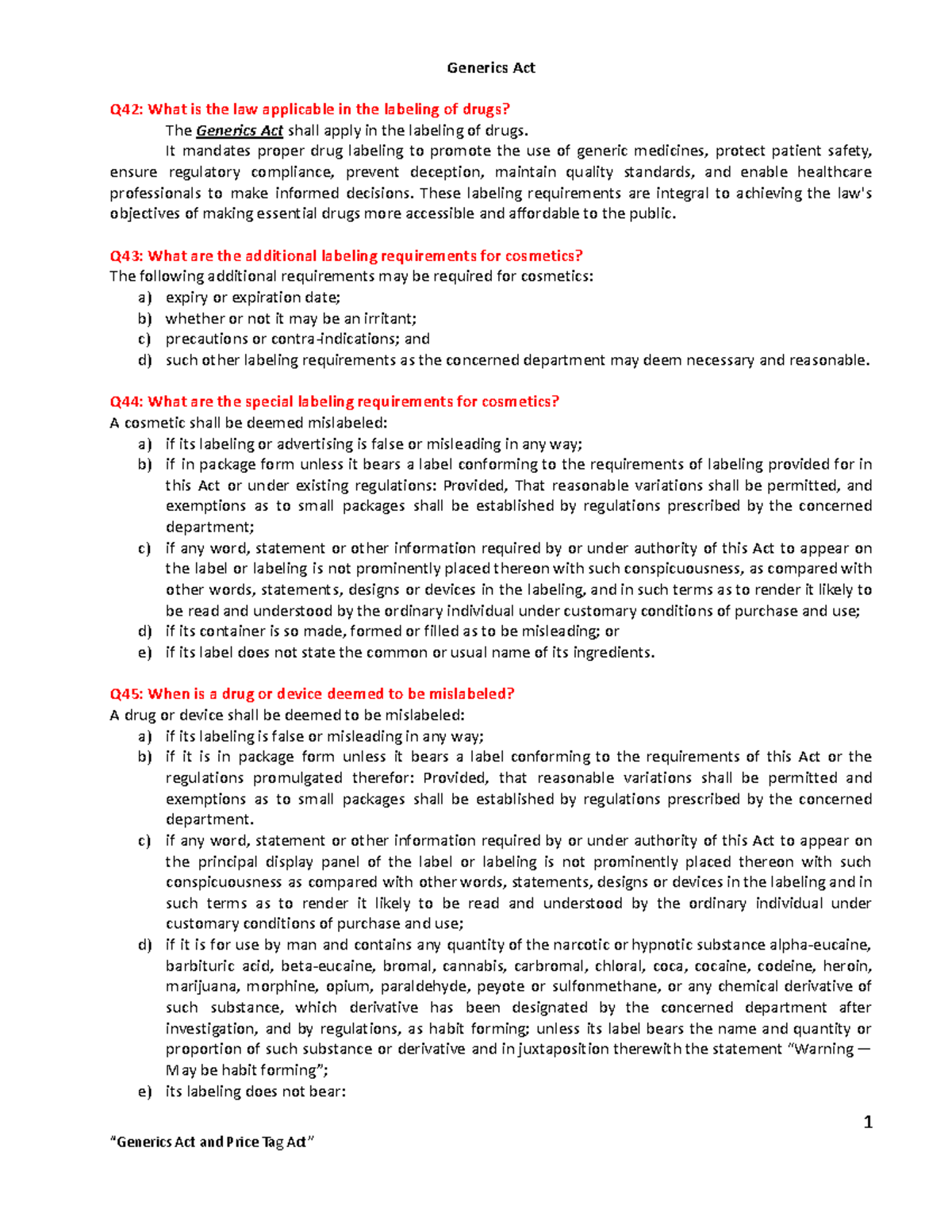 Generics Act and Price Tag Act - Generics Act Q42: What is the law ...