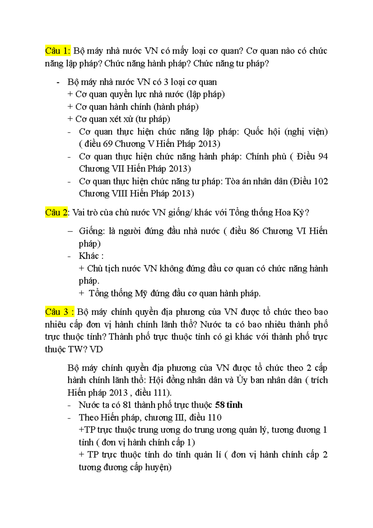 Buoi1 - dsadsadsad - Câu 1: Bộ máy nhà nước VN có mấy loại cơ quan? Cơ ...