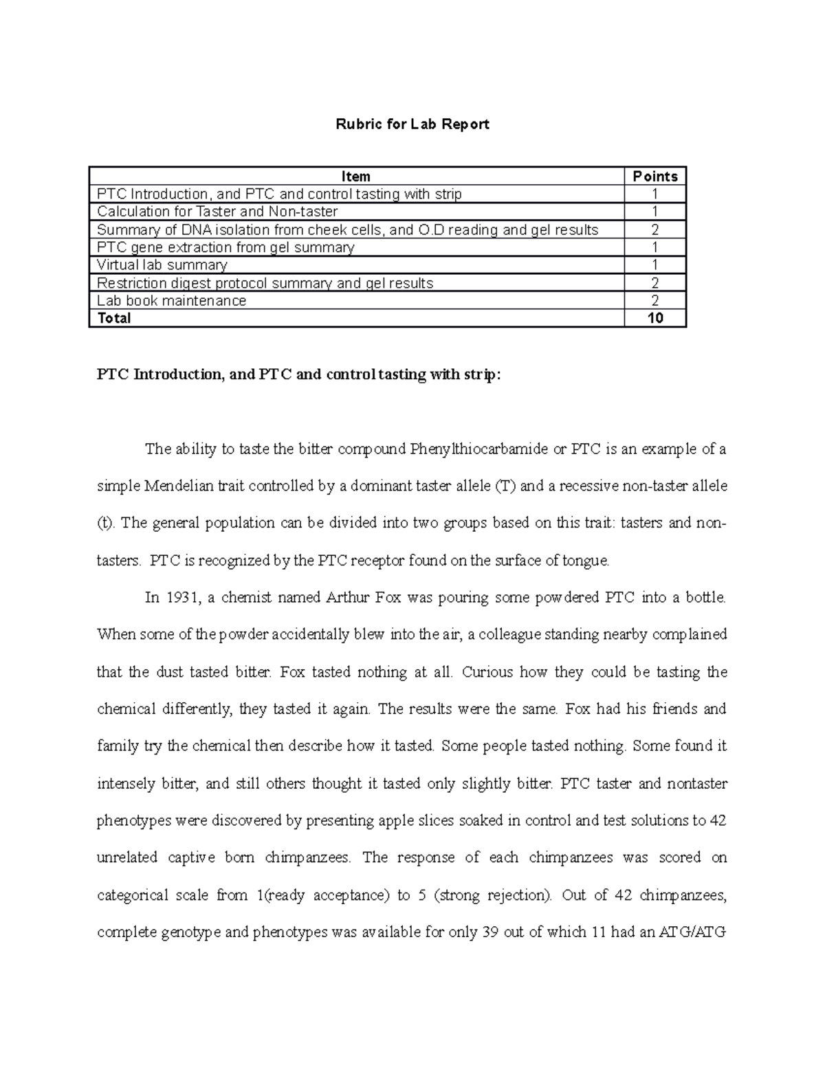 PTC 4223 Phenylthiocarbamide - Rubric for Lab Report PTC Introduction ...