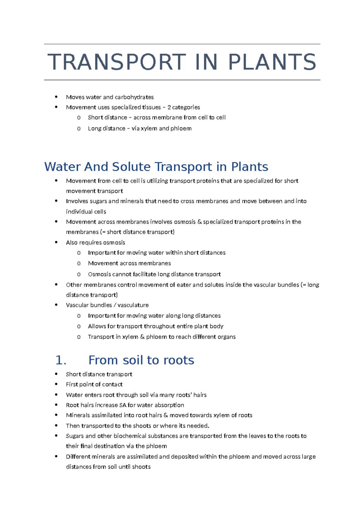 Bio154 Transport in Plants Notes - TRANSPORT IN PLANTS Moves water and ...