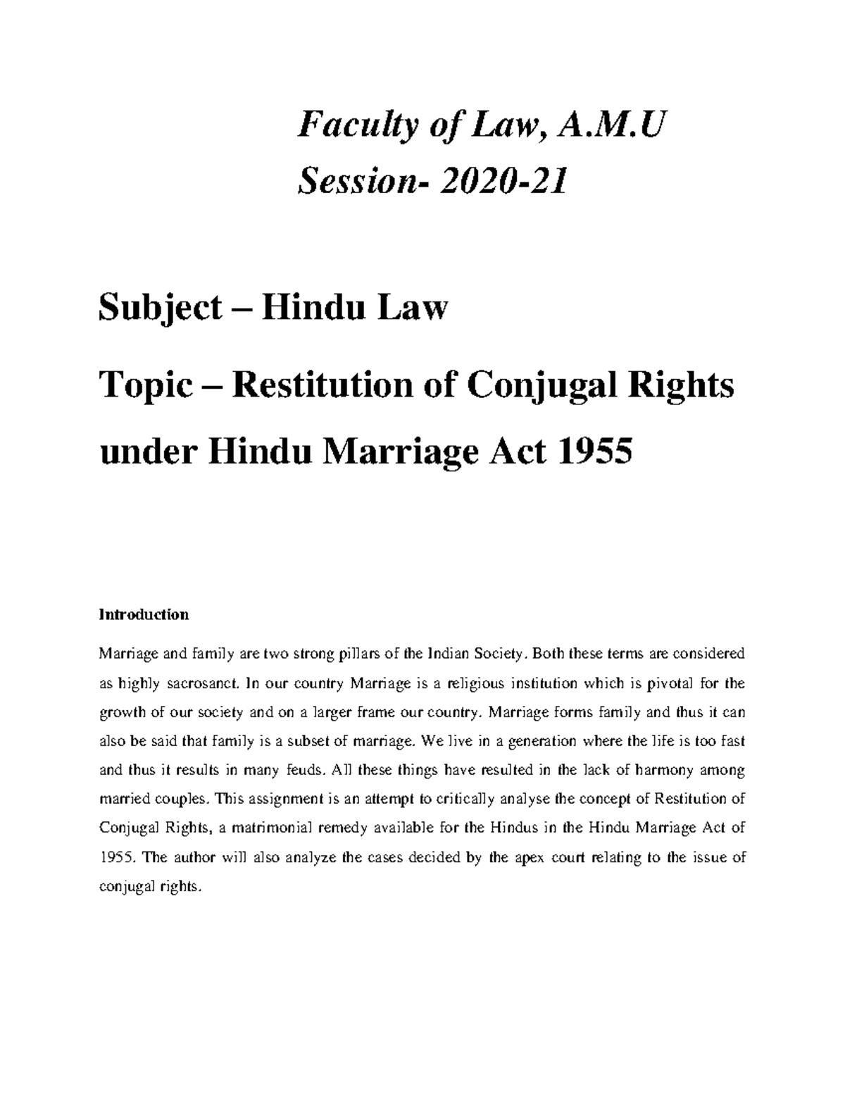 Conjugal Rights under Hindu Marriage Act 1955 - Faculty of Law, A.M ...