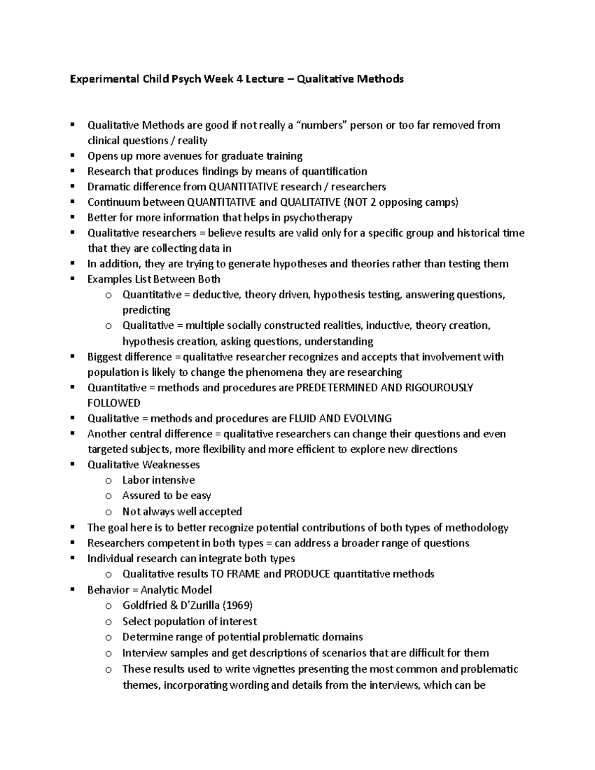 Experimental Child Psych - Week 4 Lecture - Qualitative Methods - Studocu