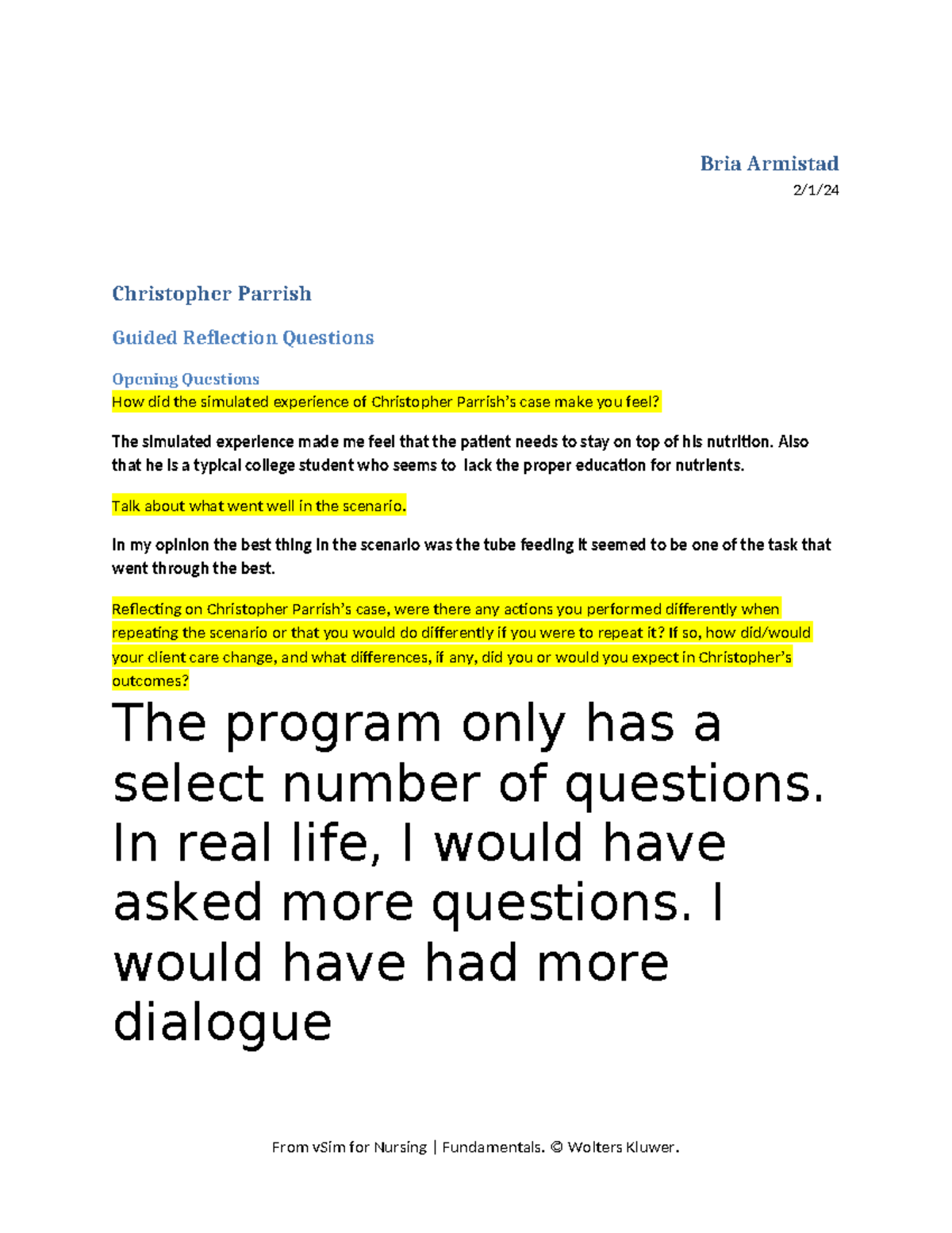 VSIM Christopher Parrish Guided Reflection - Bria Armistad 2/1/ Christopher Parrish Guided - Studocu