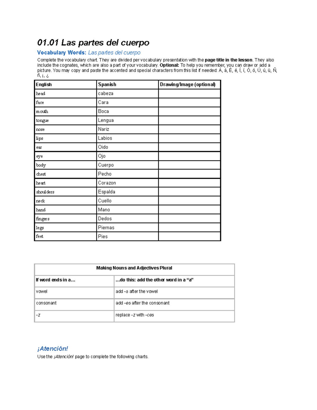 1.01 Spanish Notes - coursework for the class - 01 Las partes del ...