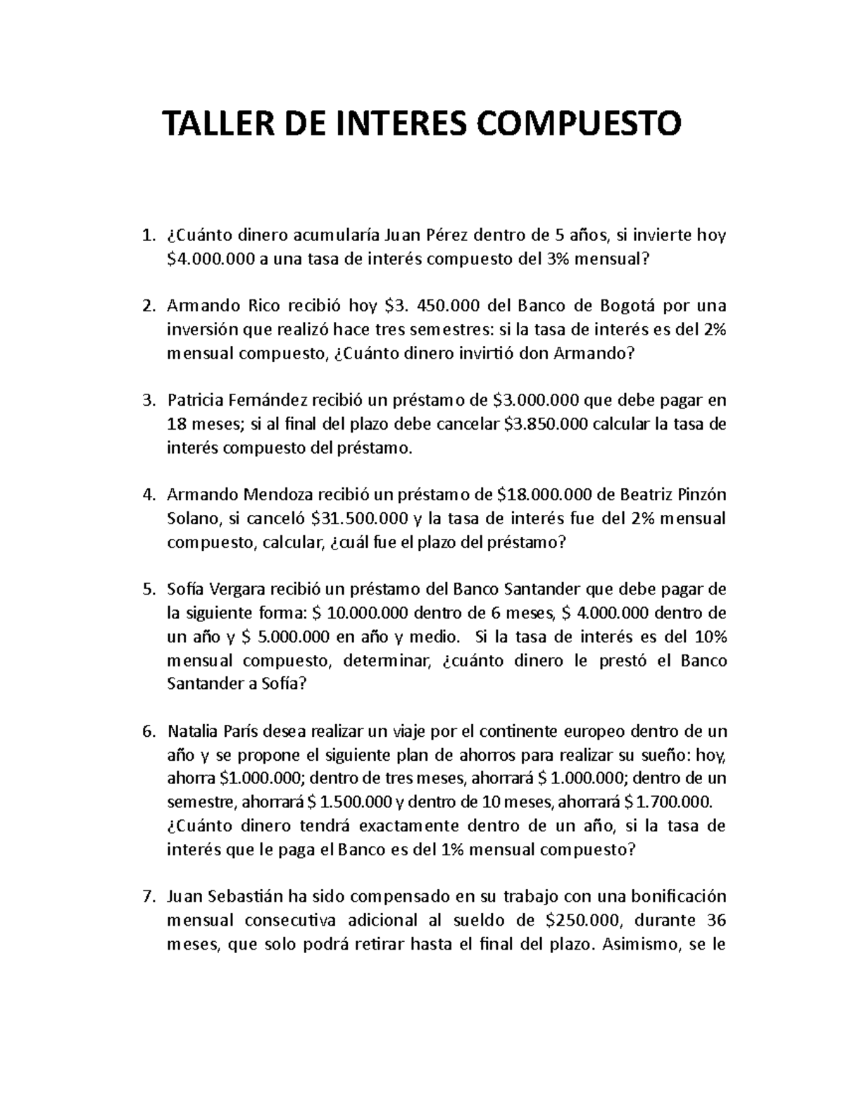 Taller DE Interes Compuesto - TALLER DE INTERES COMPUESTO ¿Cuánto ...
