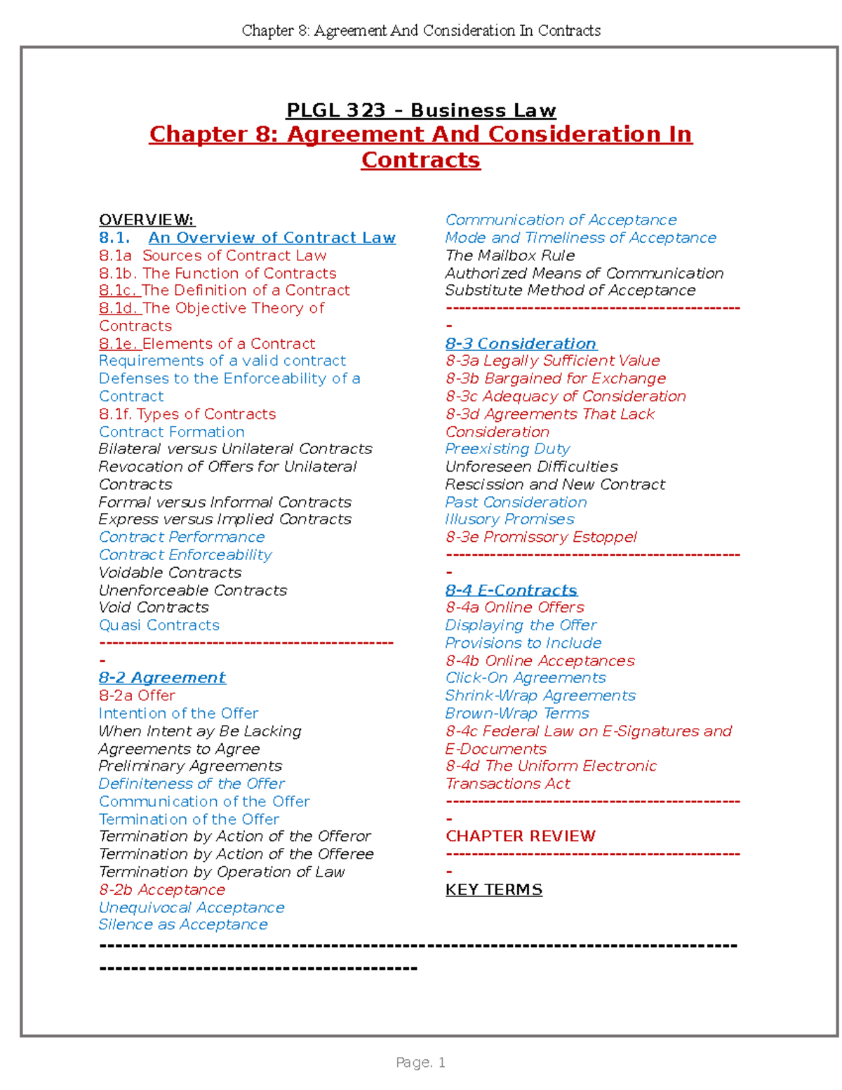 PLGL 323 - Business Law - Chapter 08 - Agreement AND Consideration IN ...