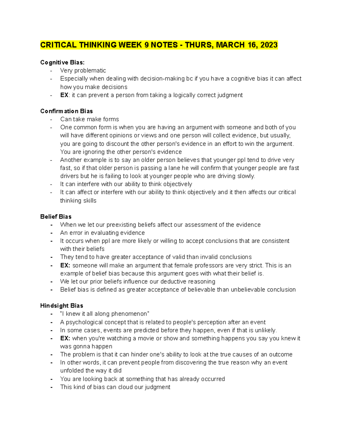 CT Week 9 Notes - Critical Thinking with professor Quartley Spring 2023 ...