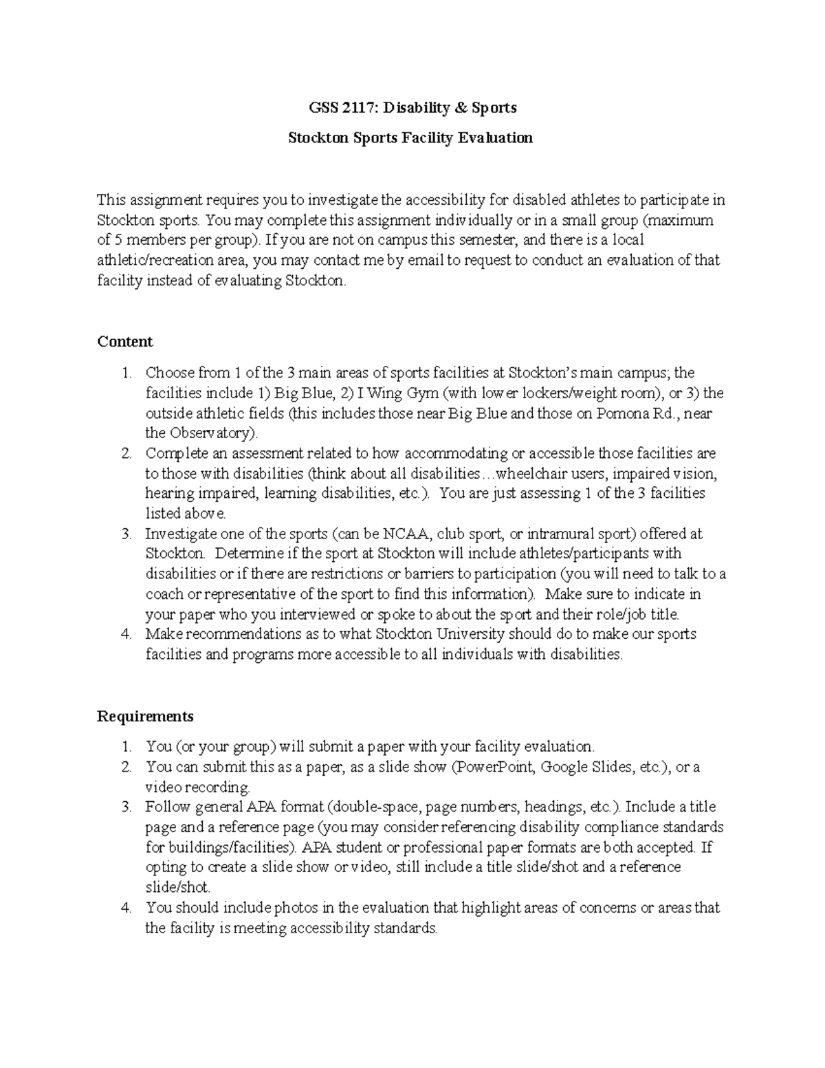 Stockton Sports Facility Evaluation Project - GSS 2117: Disability ...