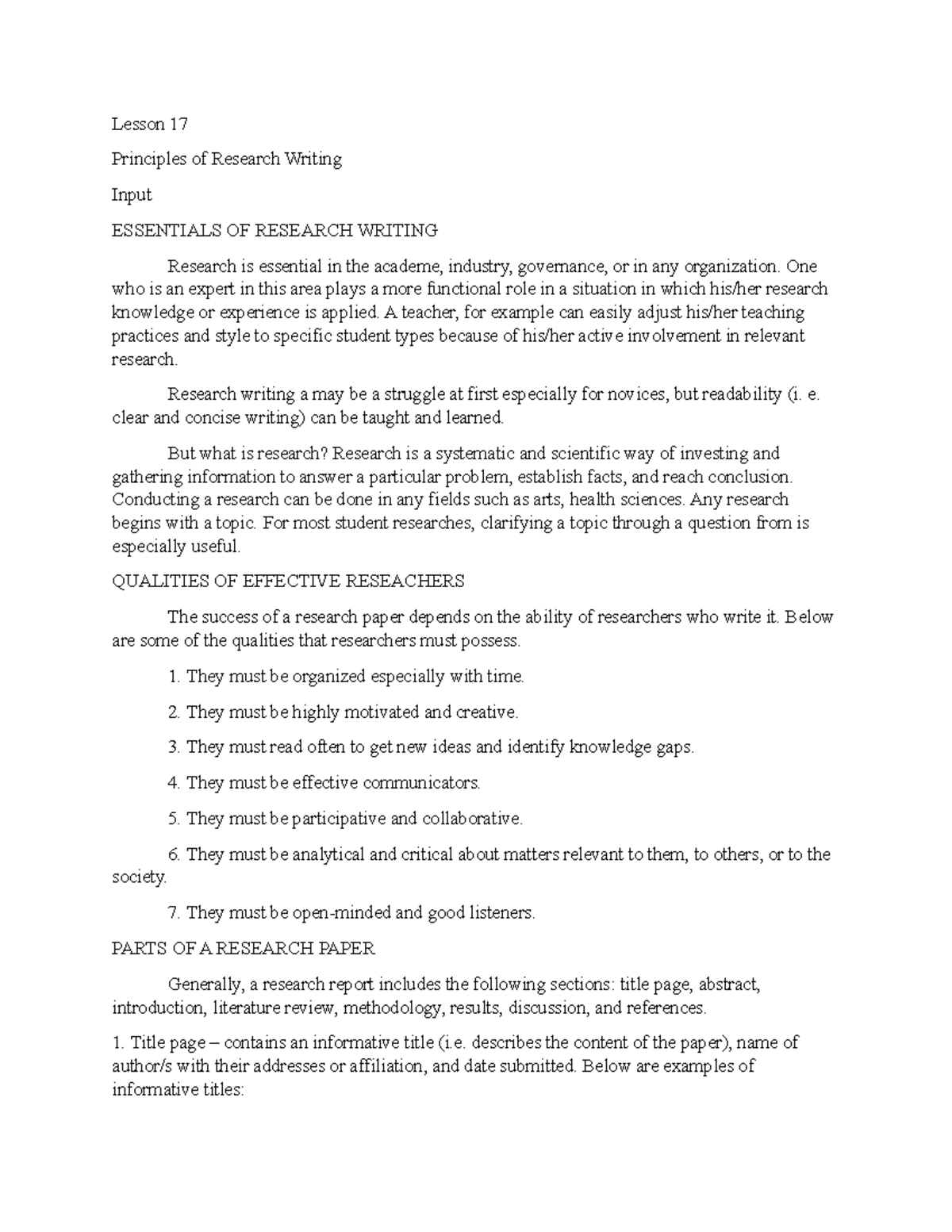 Lesson 17 Principles of Research Writing - Lesson 17 Principles of ...